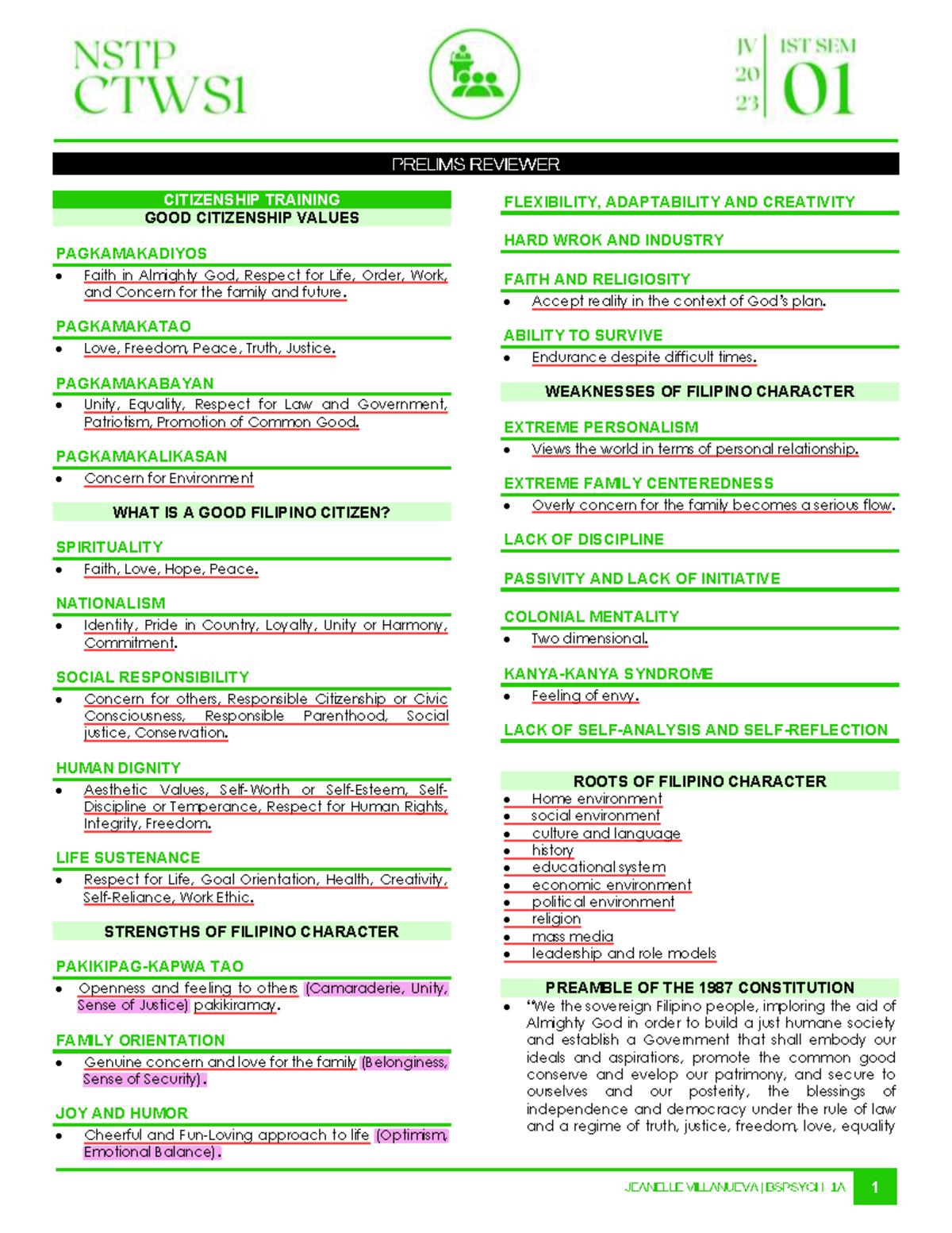 NSTP 01 - NSTP notes - CITIZENSHIP TRAINING GOOD CITIZENSHIP VALUES ...