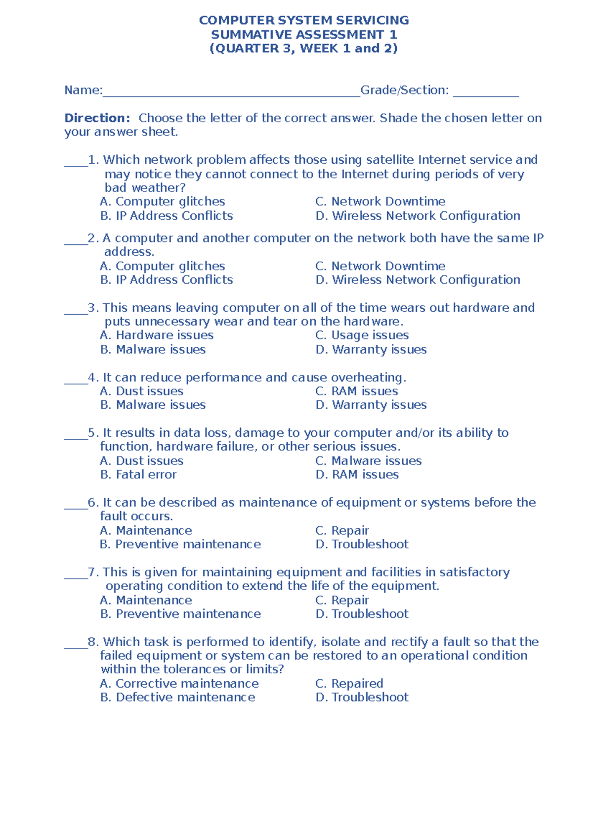 Summative test in ICT - COMPUTER SYSTEM SERVICING SUMMATIVE ASSESSMENT ...