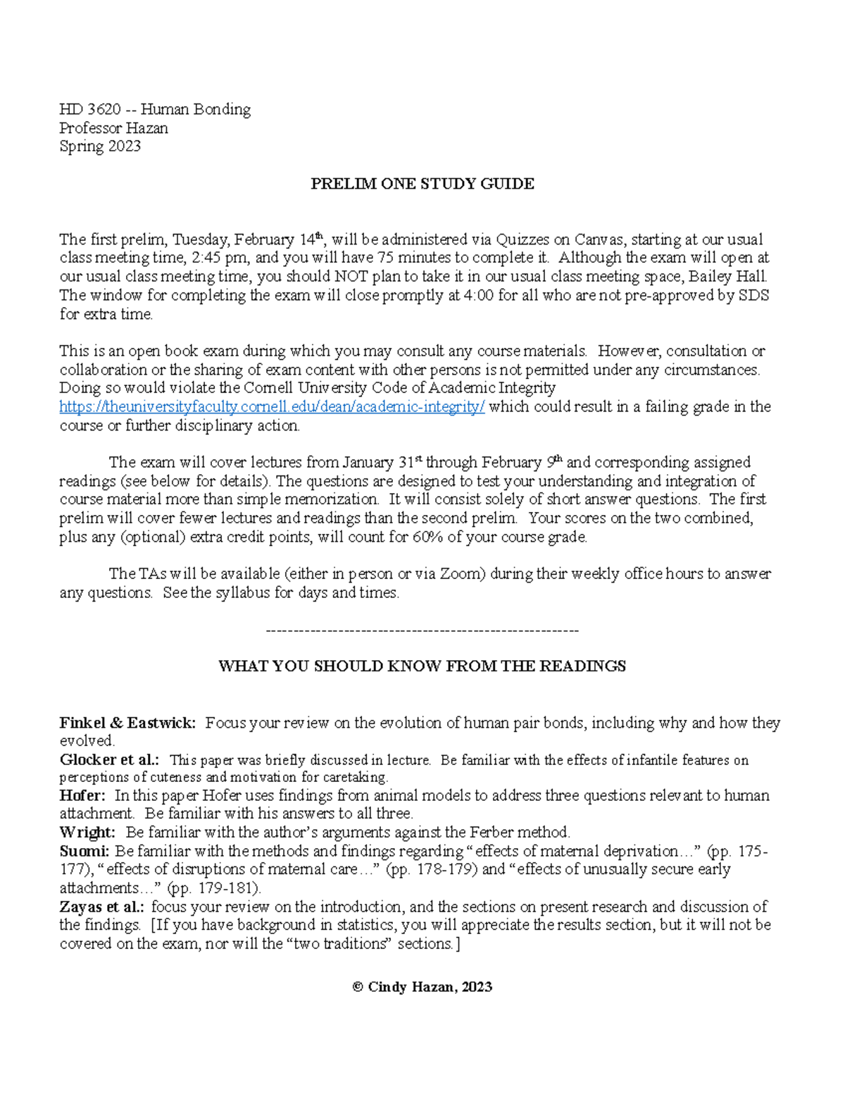 HB23 guide#1 - Review Sheet - HD 3620 - Human Bonding Professor Hazan ...