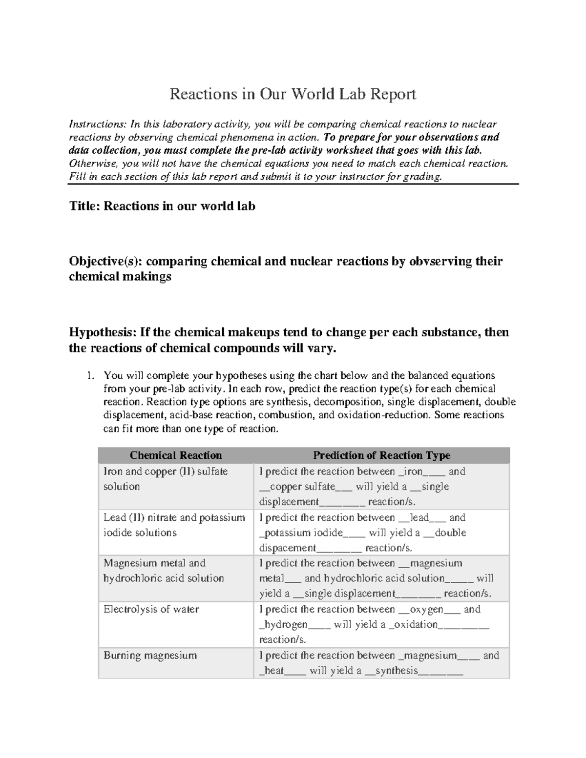 Lab report - Reactions in Our World Lab Report Instructions: In this ...