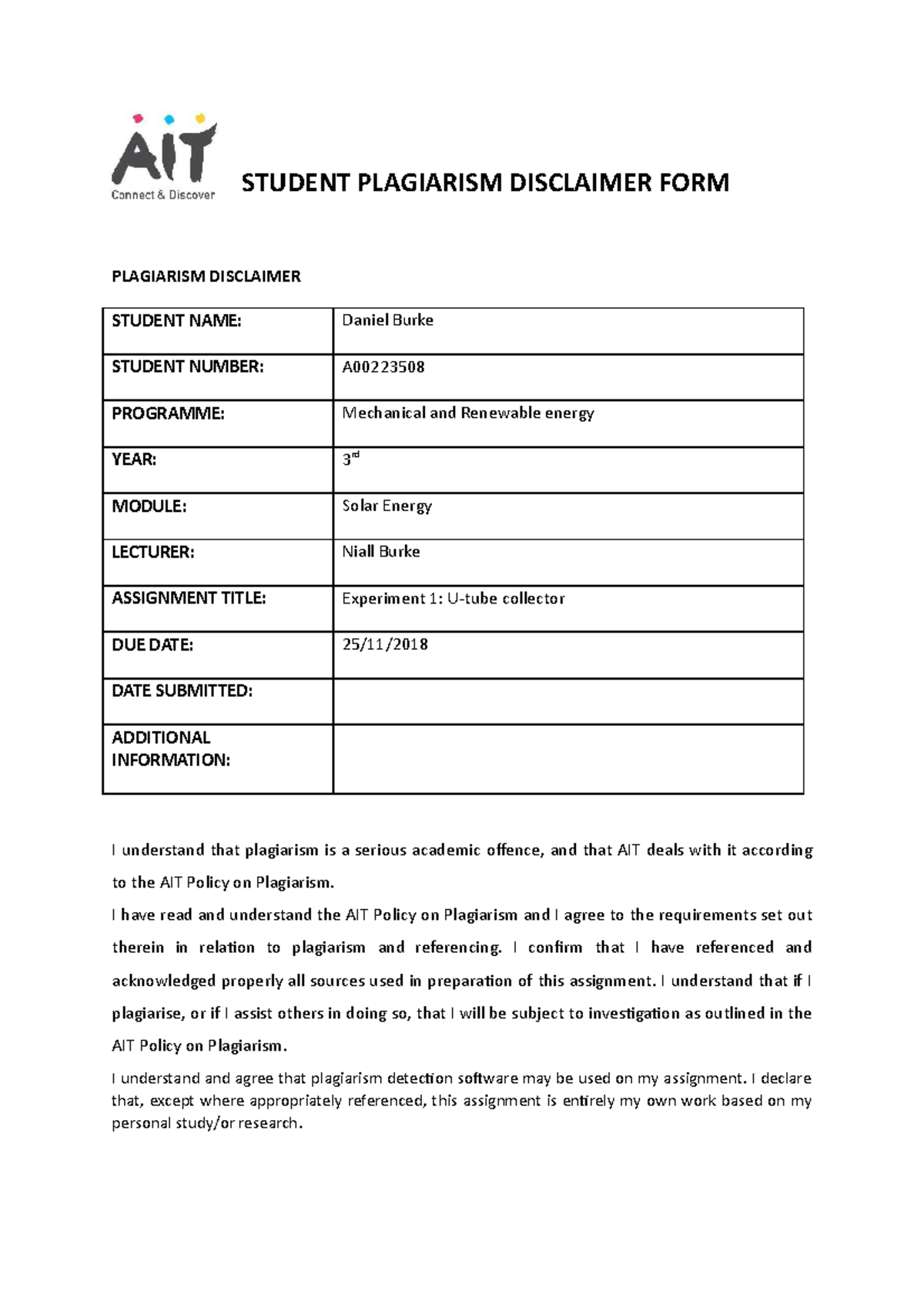 Experiment 1 Utube Collector - STUDENT PLAGIARISM DISCLAIMER FORM ...