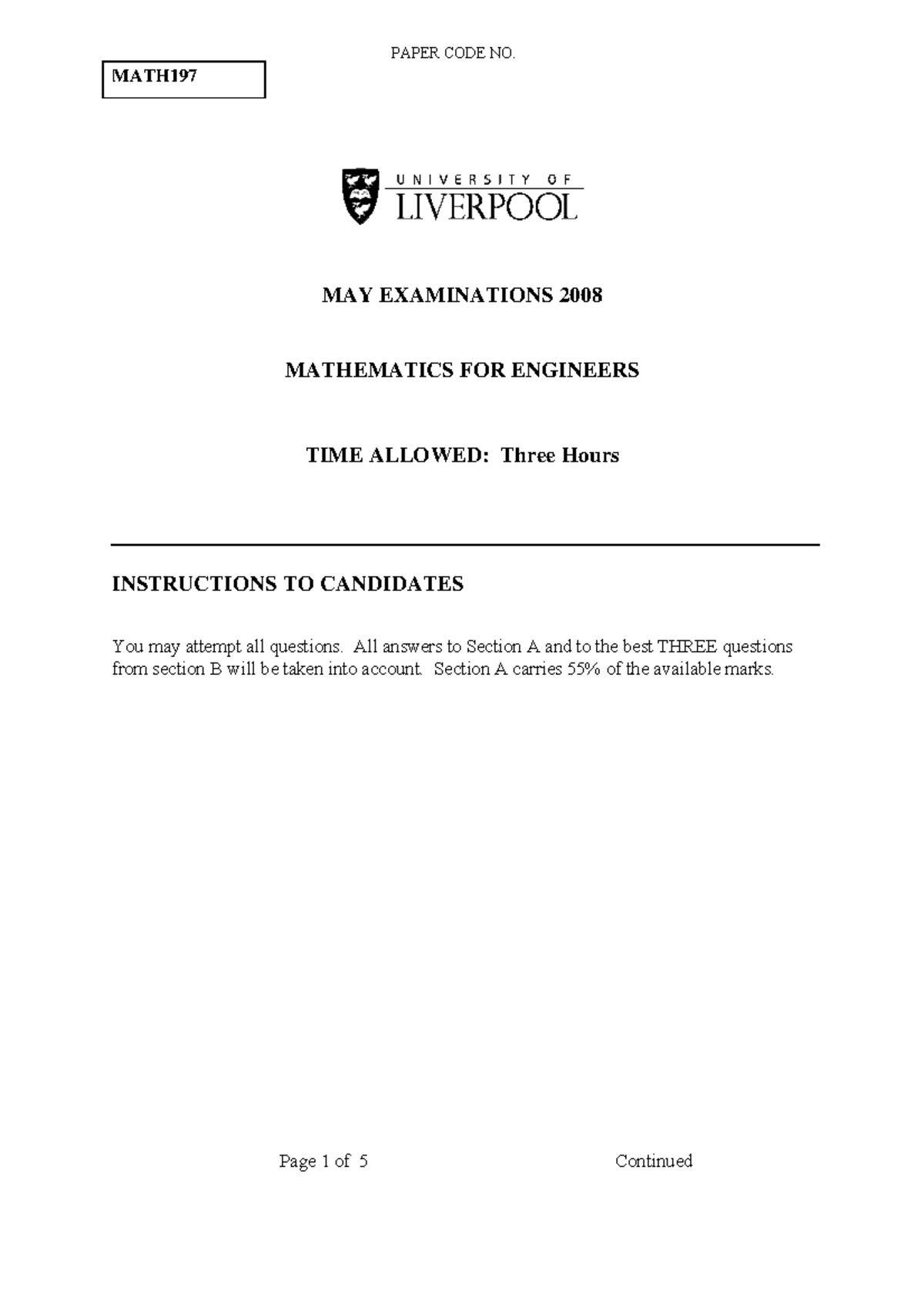 Exam May 2008, questions - PAPER CODE NO. MATH MAY EXAMINATIONS 2008 ...