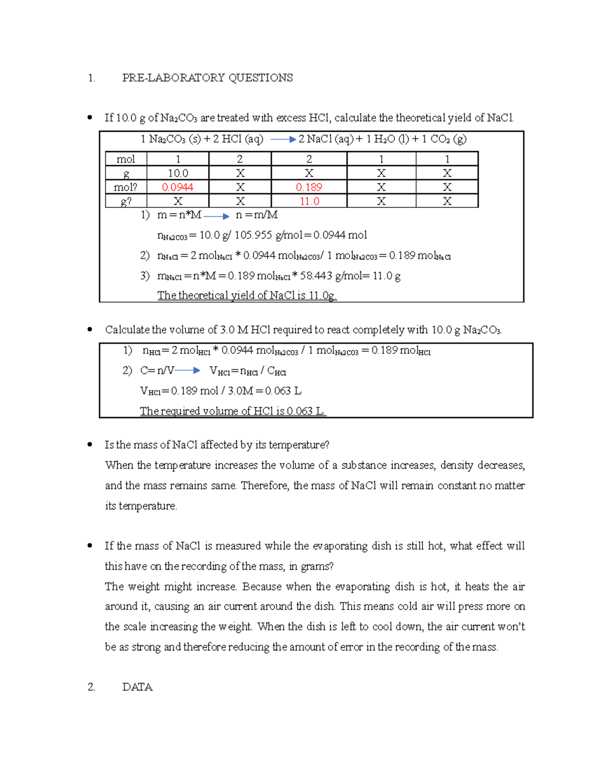 Lab report 1 - Stoichiometry lab - 1. PRE-LABORATORY QUESTIONS If 10 g ...