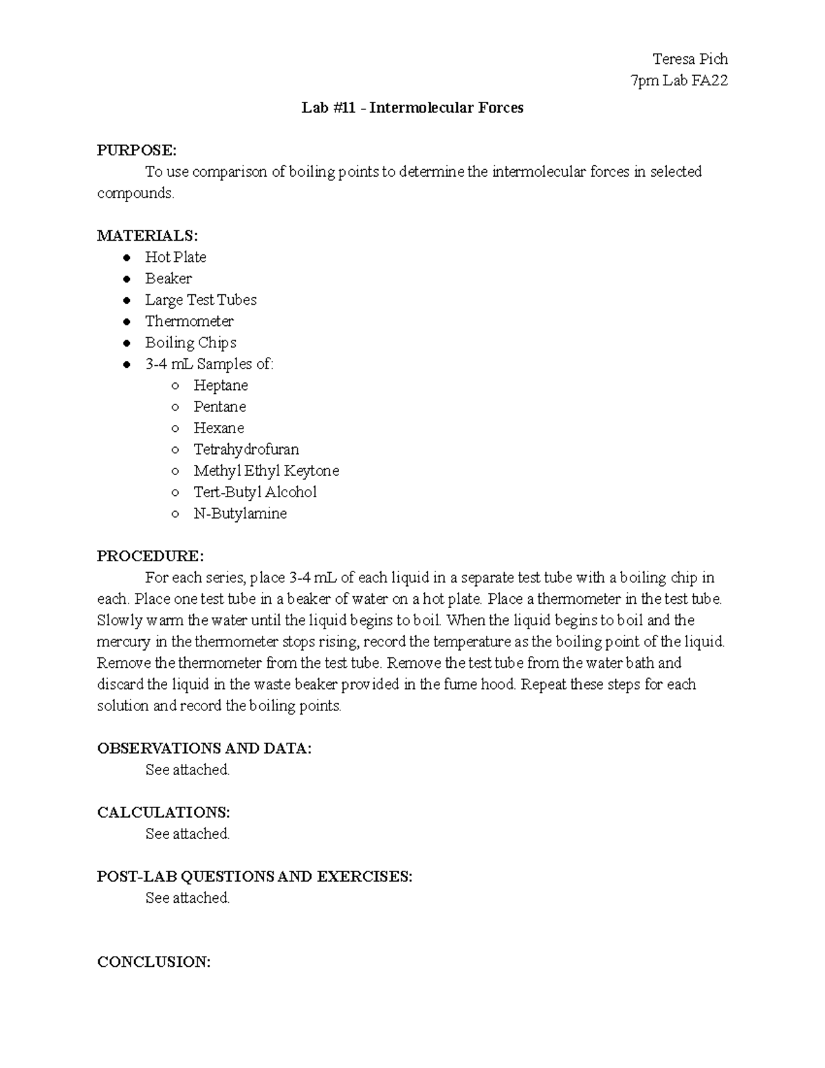 Lab #11 - Intermolecular Forces - Teresa Pich 7pm Lab FA Lab #11 ...