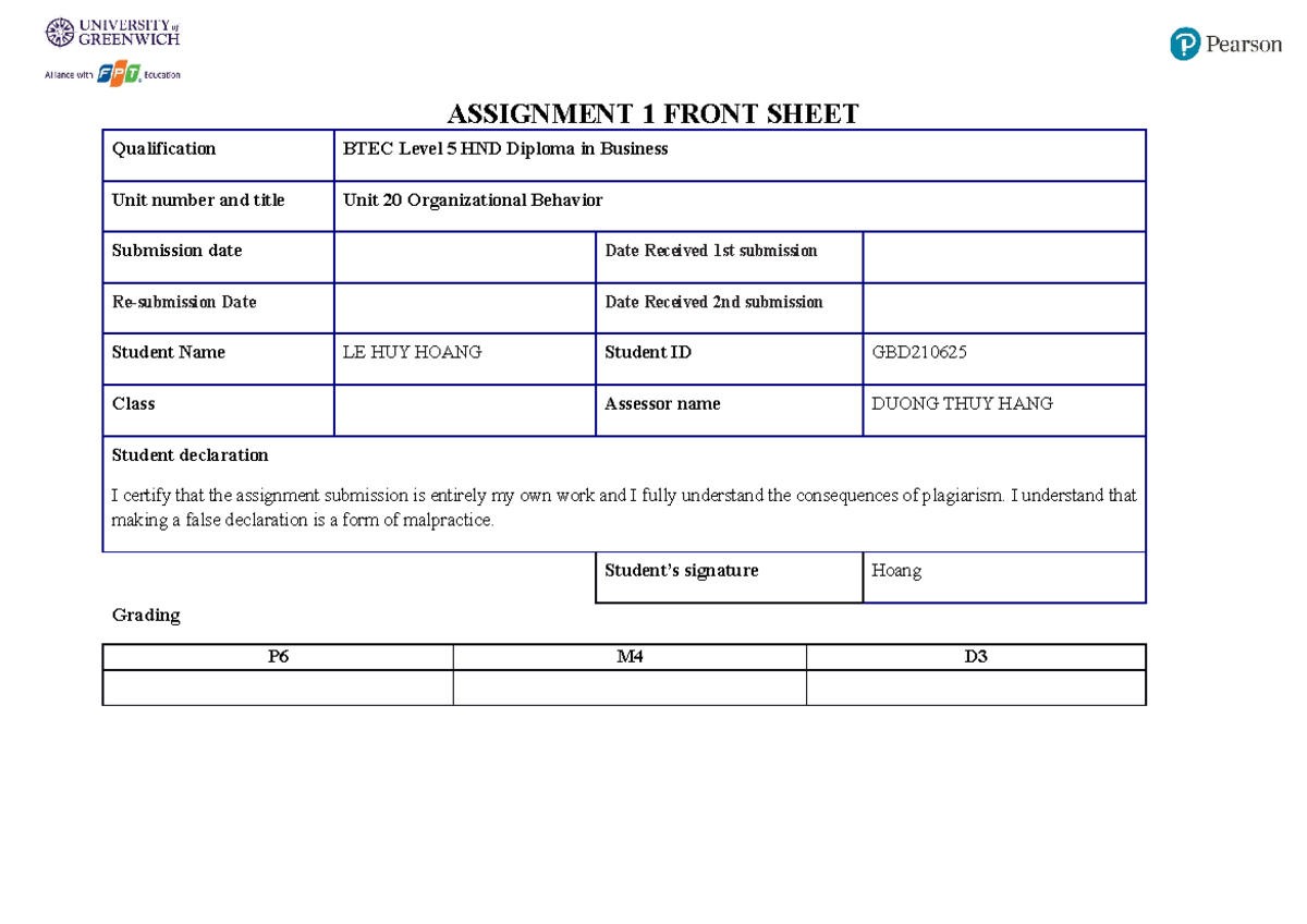 5064.Assignment 2 frontsheet - ASSIGNMENT 1 FRONT SHEET Qualification BTEC Level 5 HND Diploma ...