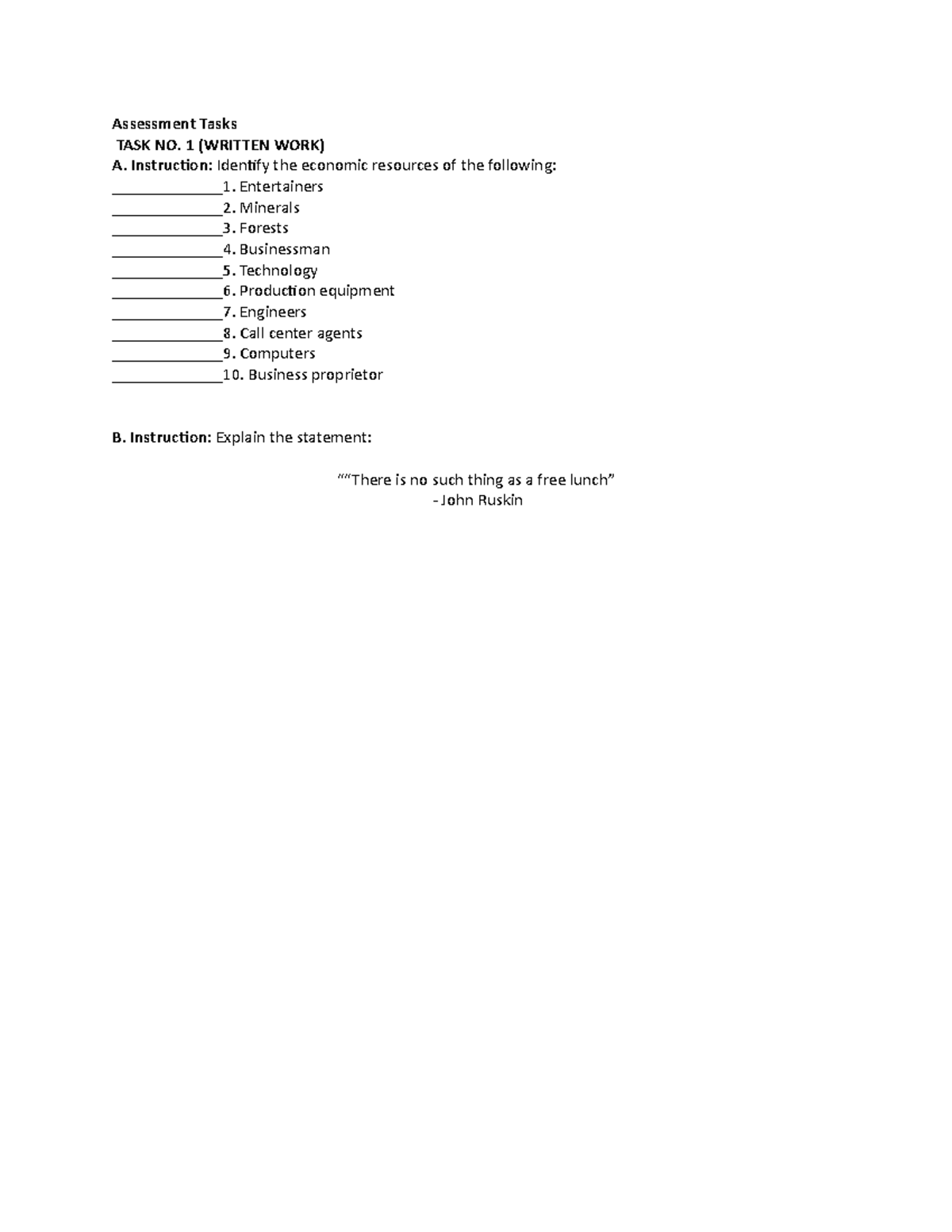 BUSSINESS ADMINISTRATION WORKSHEETS ACTIVITIES - Assessment Tasks TASK ...