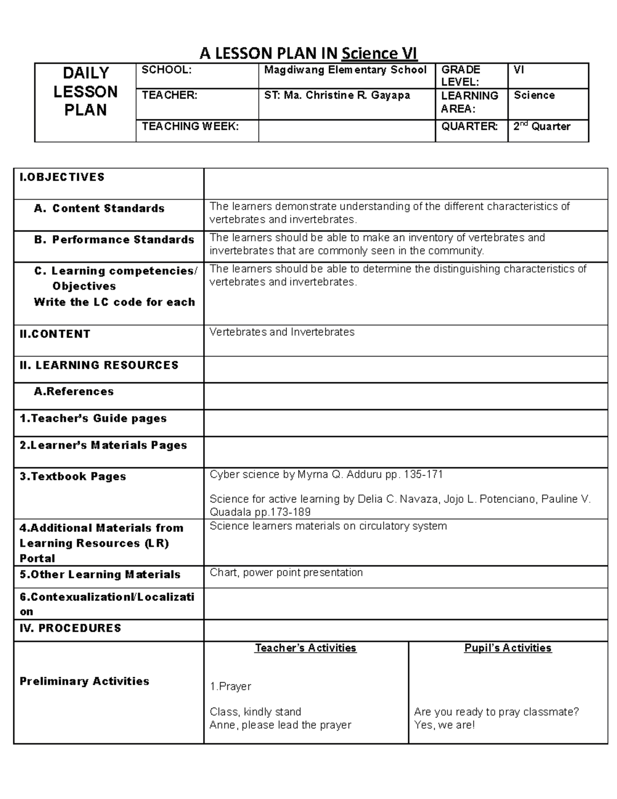 A lesson plan in science 6 vertebrates and invertebrates - A LESSON ...