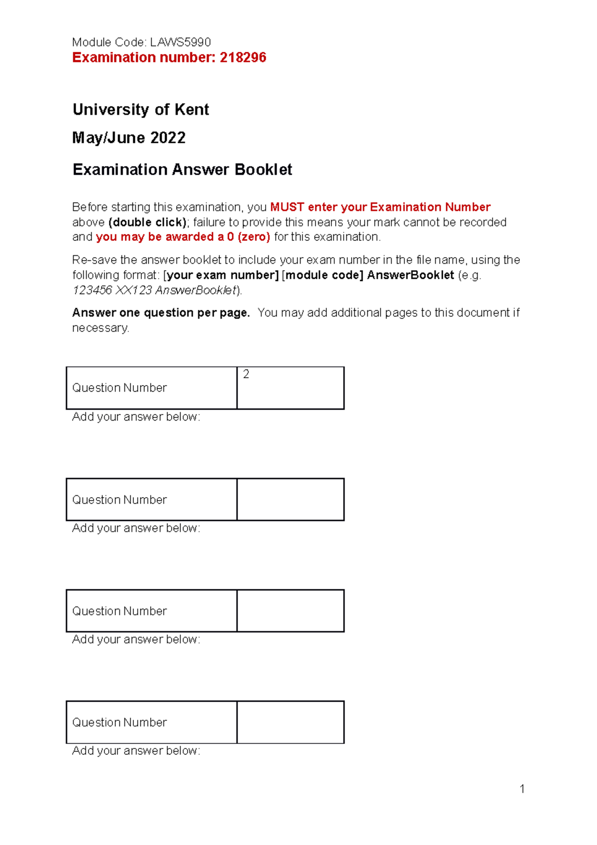 [add exam number and module code] Answer Booklet-3 - Module Code: LAWS ...