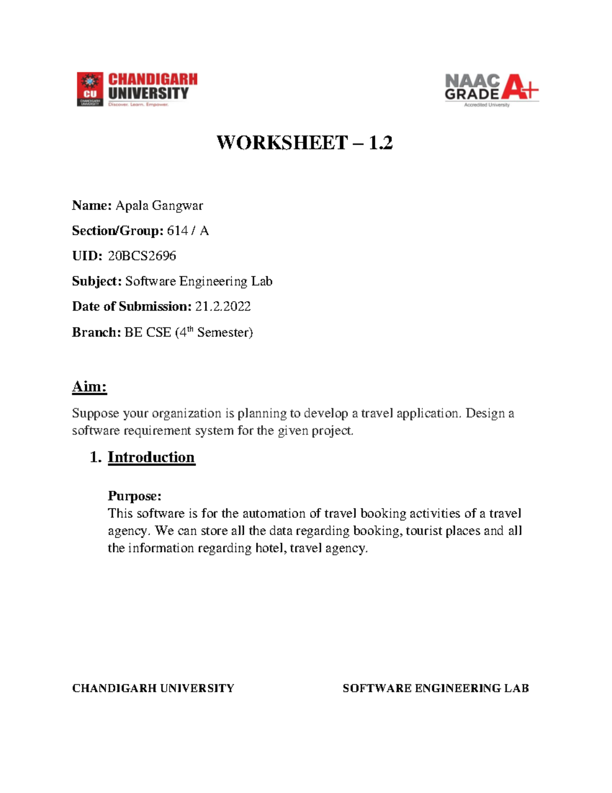 Se lab worksheet 1.2 q2 (dfs) - WORKSHEET – 1. Name: Apala Gangwar ...