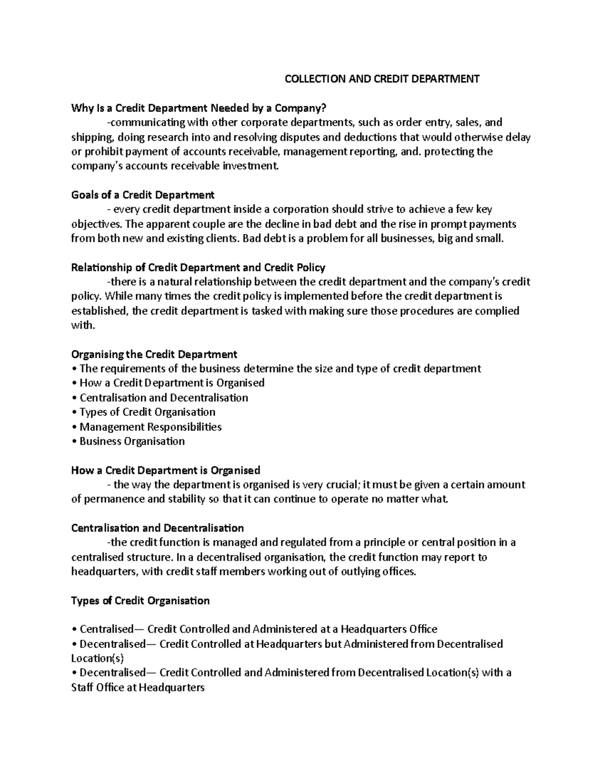 Collection and Credit Department - COLLECTION AND CREDIT DEPARTMENT Why ...