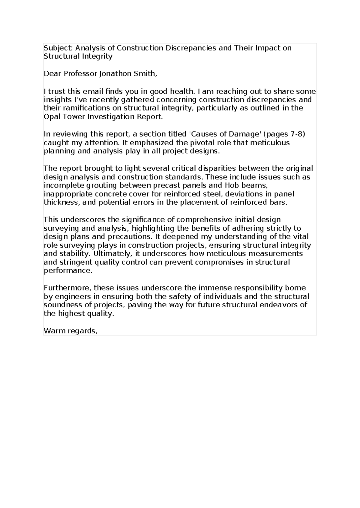 Civil 2201 Email - Subject: Analysis of Construction Discrepancies and ...