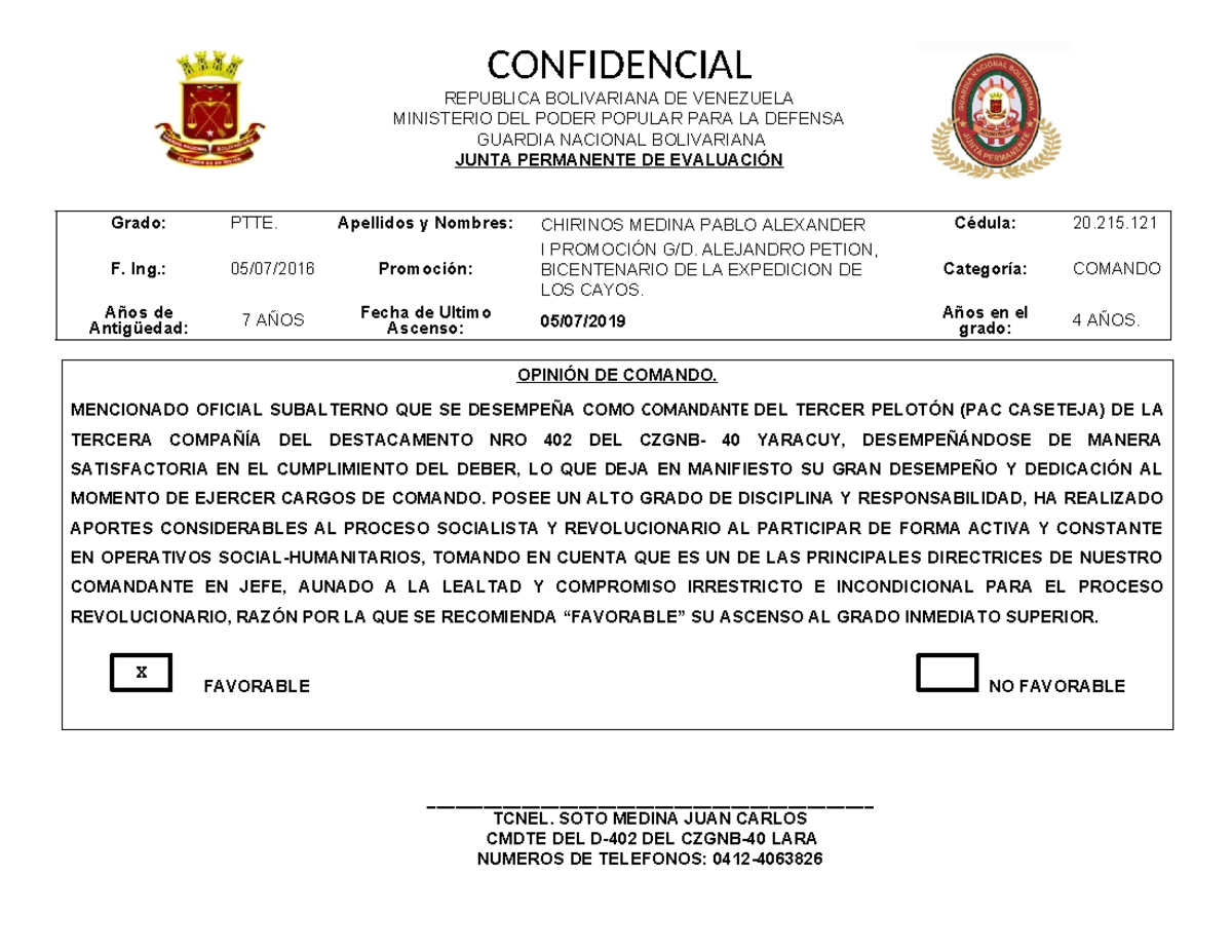3 Opinión de Comando - CONFIDENCIAL REPUBLICA BOLIVARIANA DE VENEZUELA MINISTERIO DEL PODER ...