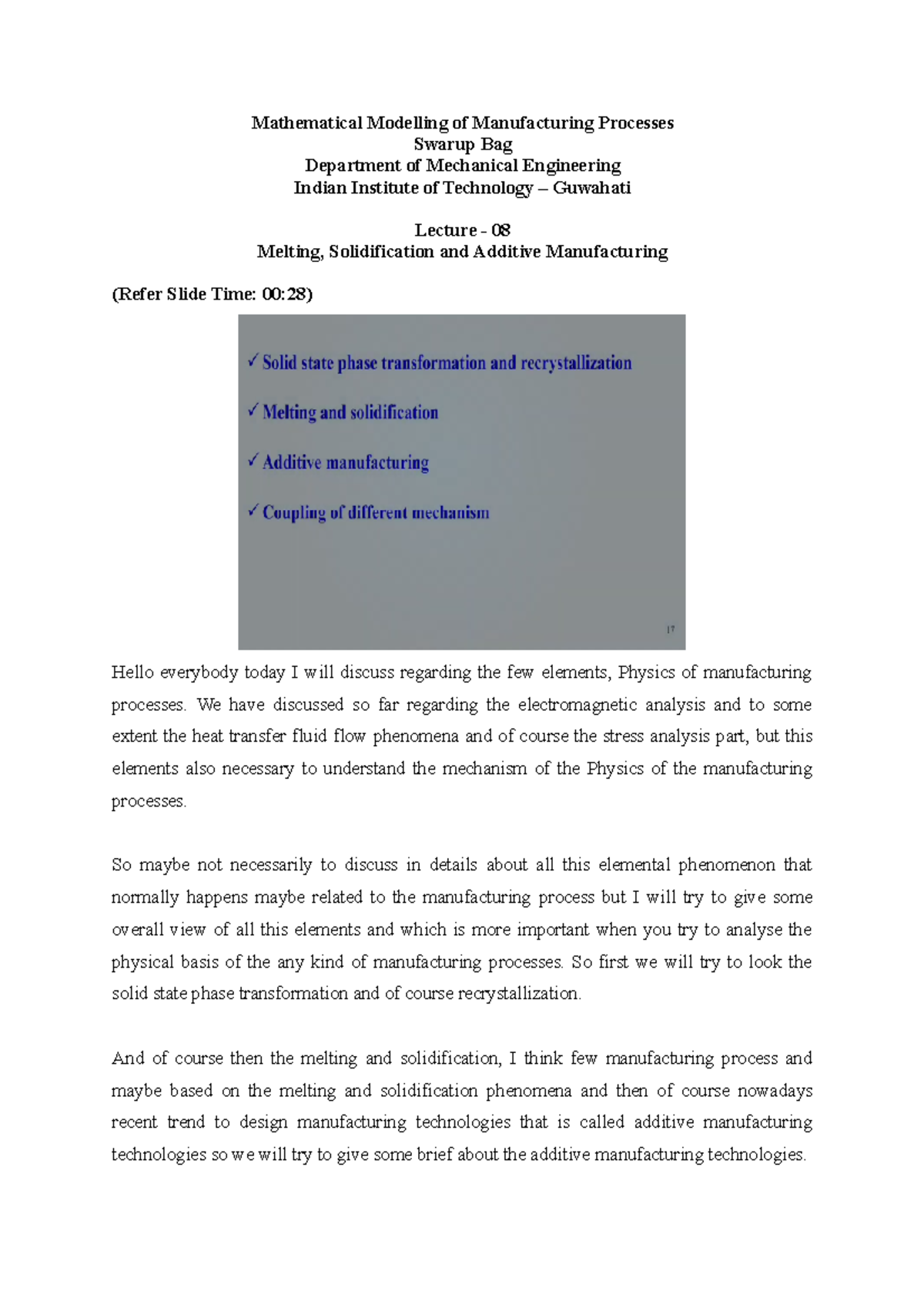 Lec8 - Mathematical Modelling of Manufacturing Processes Swarup Bag ...