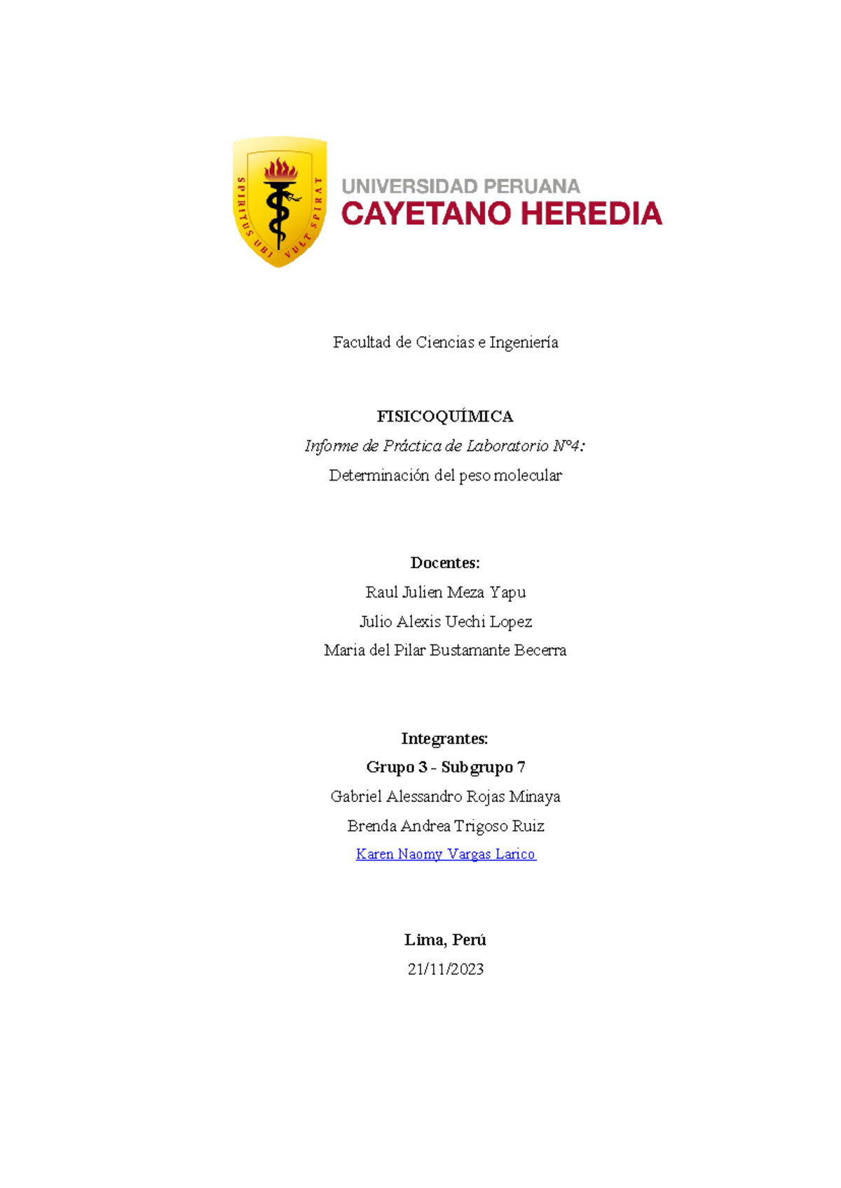Informe 4 Facultad De Ciencias E Ingeniería FisicoquÍmica Informe De