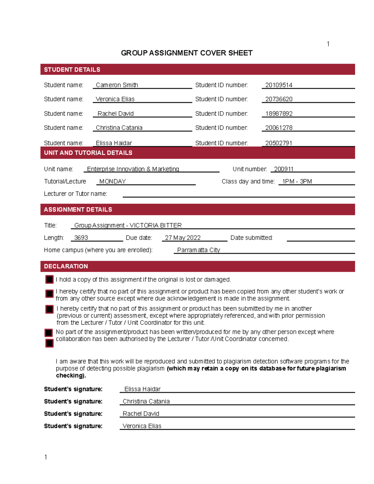 EIM Report 1 - GROUP ASSIGNMENT COVER SHEET STUDENT DETAILS Student ...