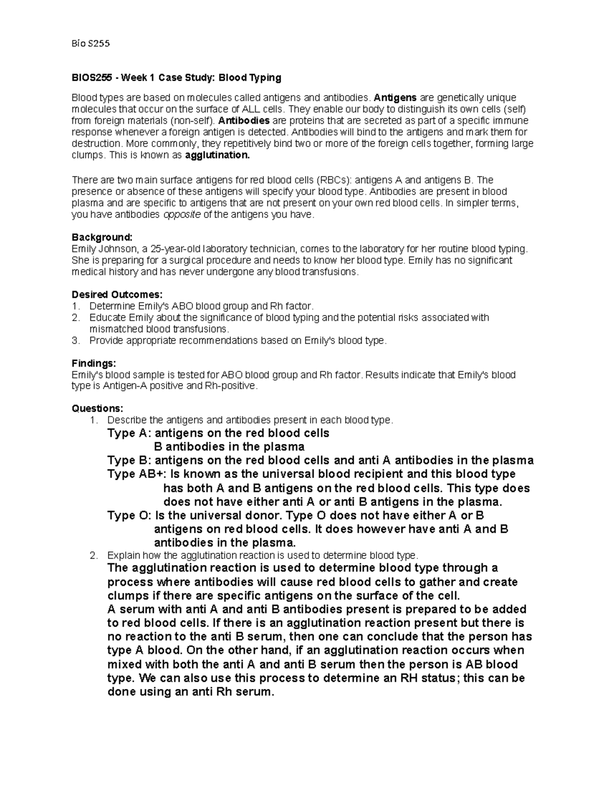 BIOS255 WK 1 CASE Study - Bio S BIOS255 - Week 1 Case Study: Blood ...