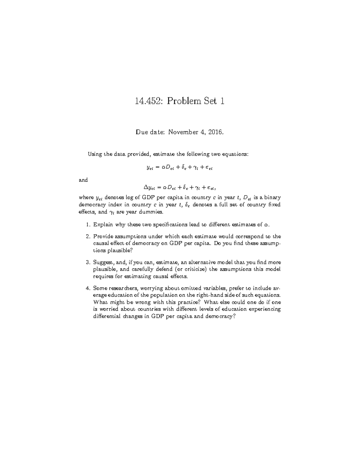 Assignment 2 - Problem set on economic growth. - 14: Problem Set 1 Due date: November 4, 2016 ...