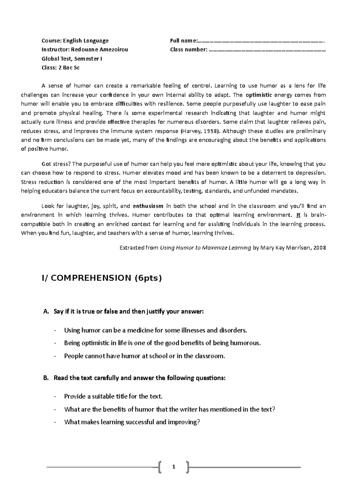 General Test S1 2Bac Sciences - Course: English Language Full - Studocu