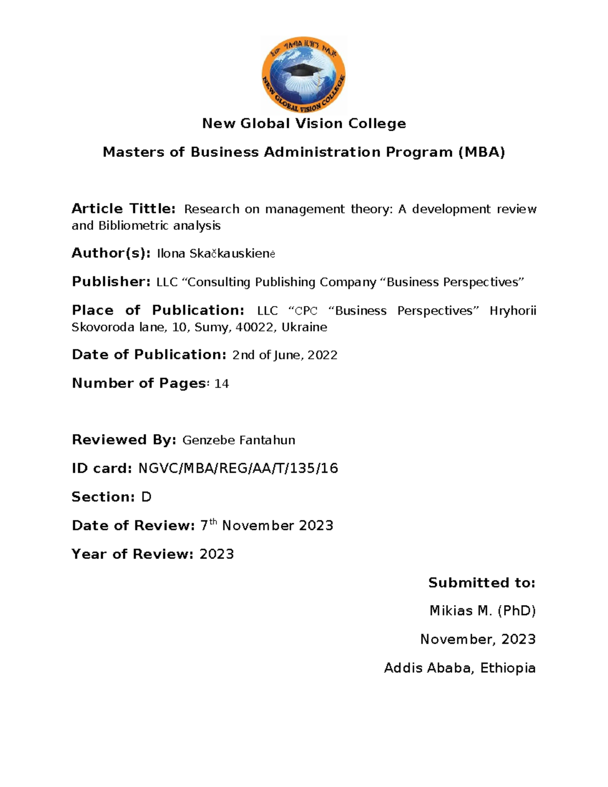 Genzebe MTP Assignment - New Global Vision College Masters of Business Administration Program ...