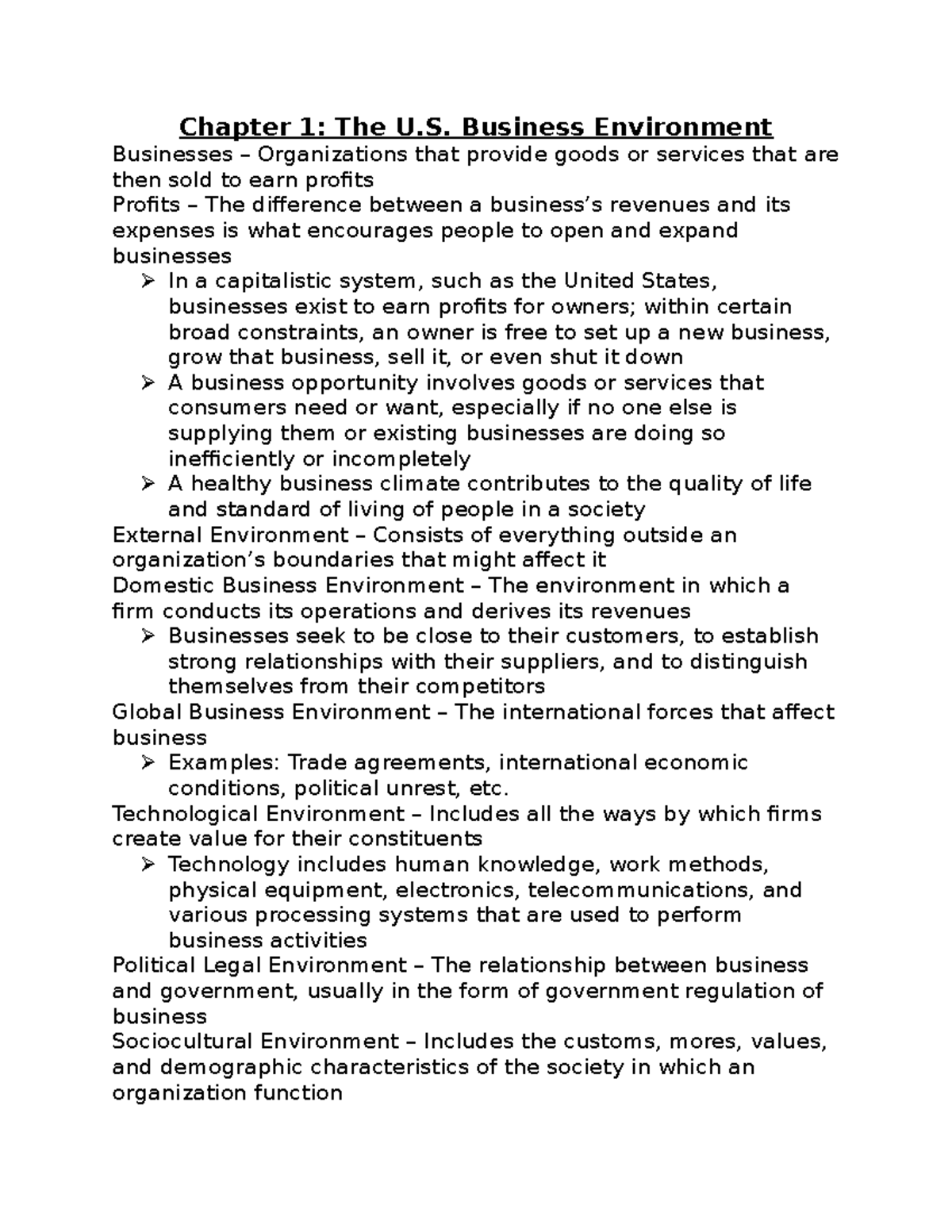 Chapter Business Notes - Chapter 1: The U. Business Environment ...