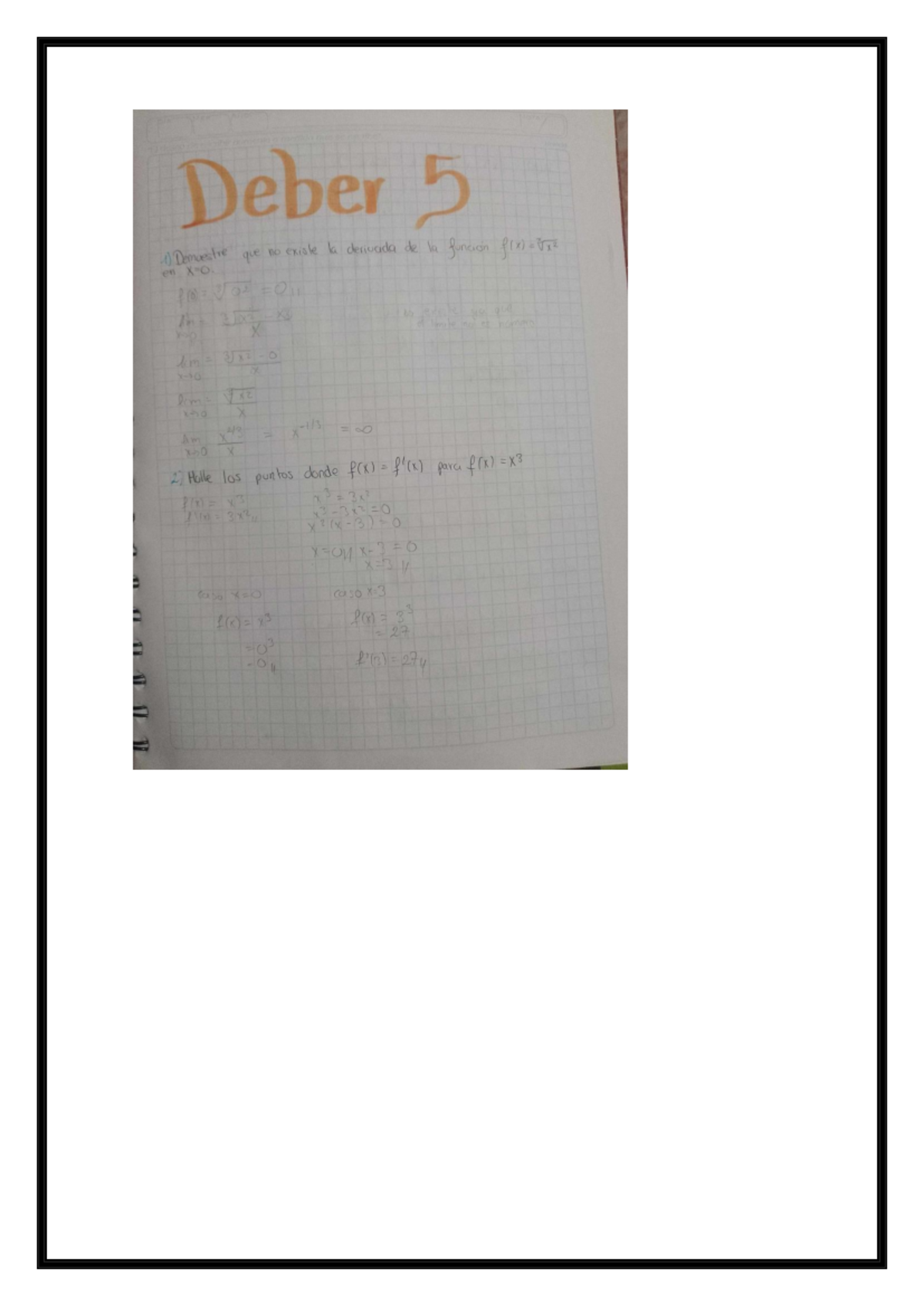 Deber 4 CV - Deber 5 1) Demoestre que no existe la deriuada de la funcion en f(o) is 302 In 31x2 ...