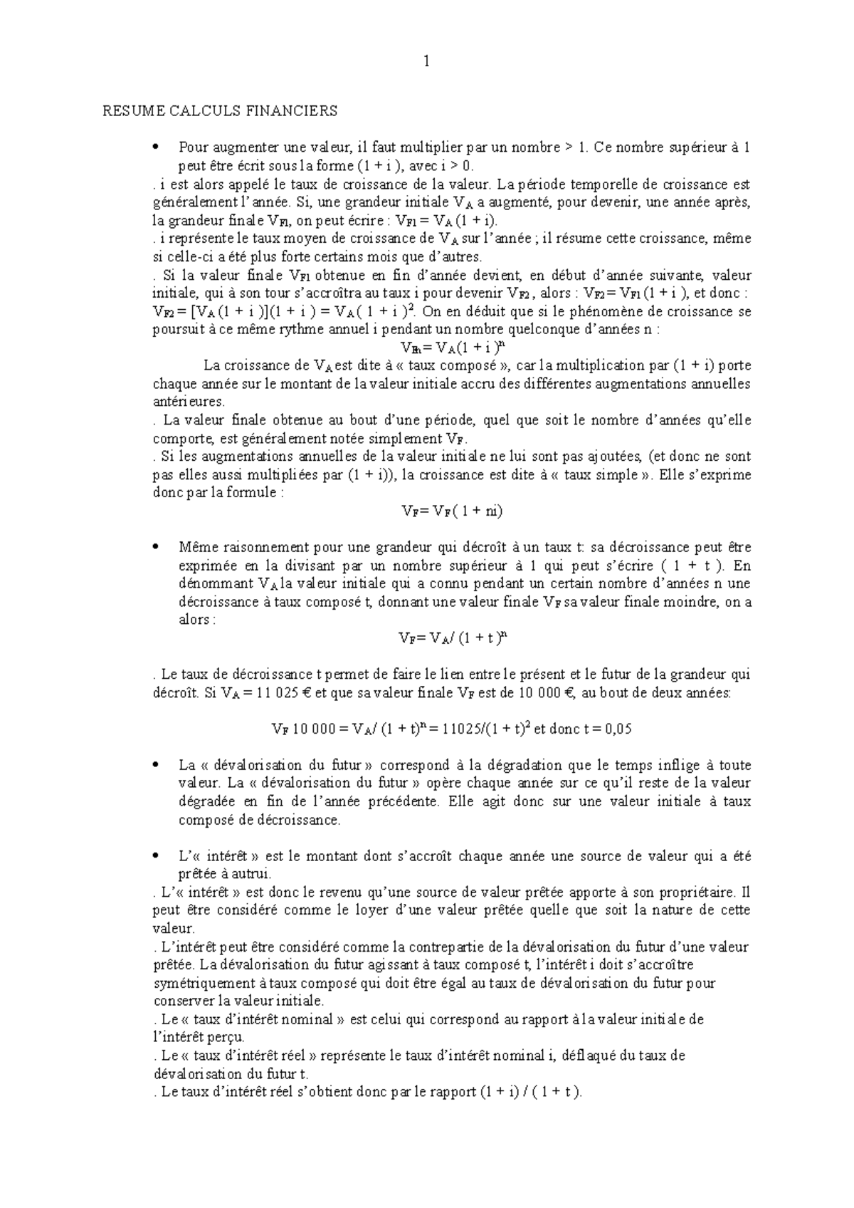 AES 23-24 Résumé calculs financiers - RESUME CALCULS FINANCIERS Pour ...