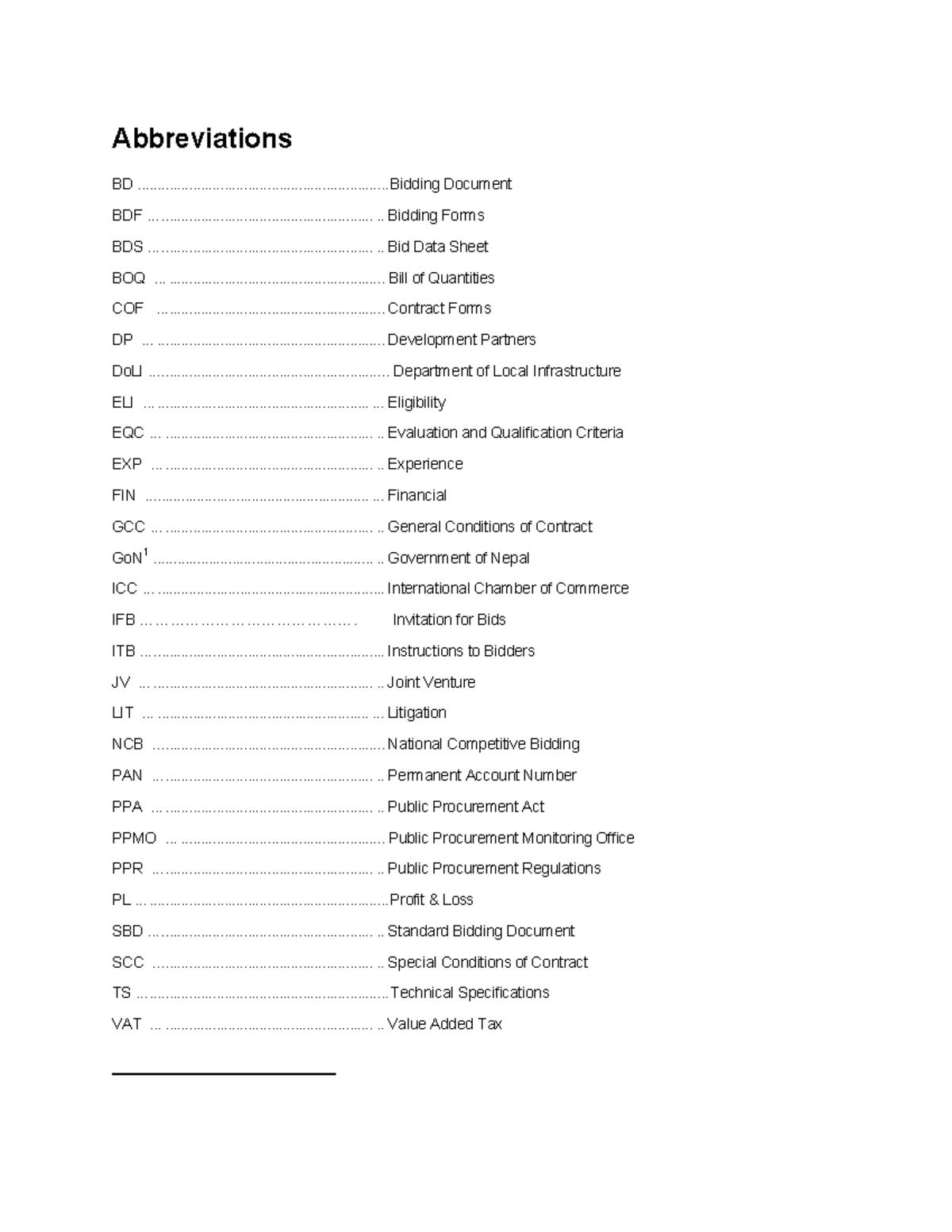 Abbre - procurment - Abbreviations BD - Studocu
