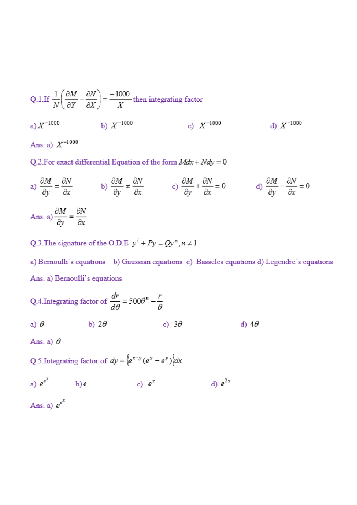 Exact Differential And Linear Differential Equation MCQ Mechanical