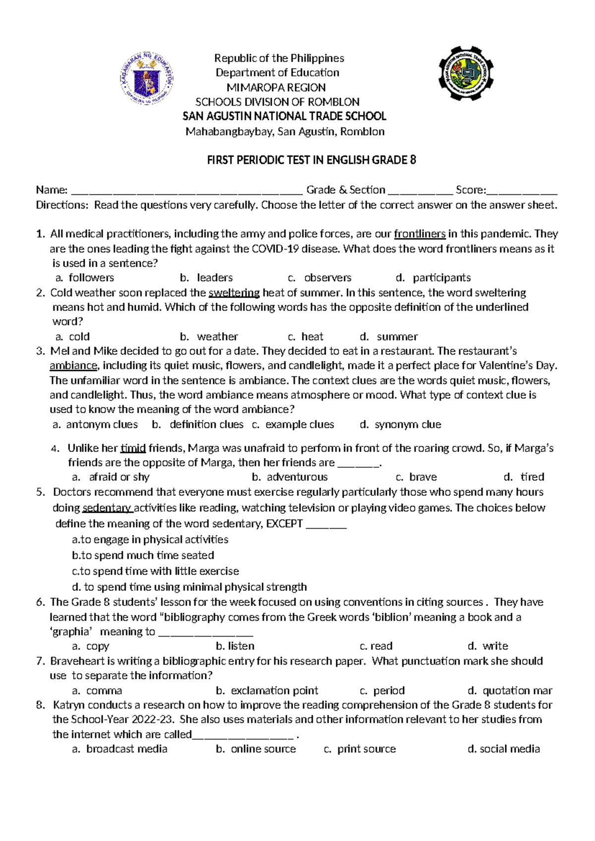 First Periodic Test in English 10 SY 2022-23 - Republic of the ...