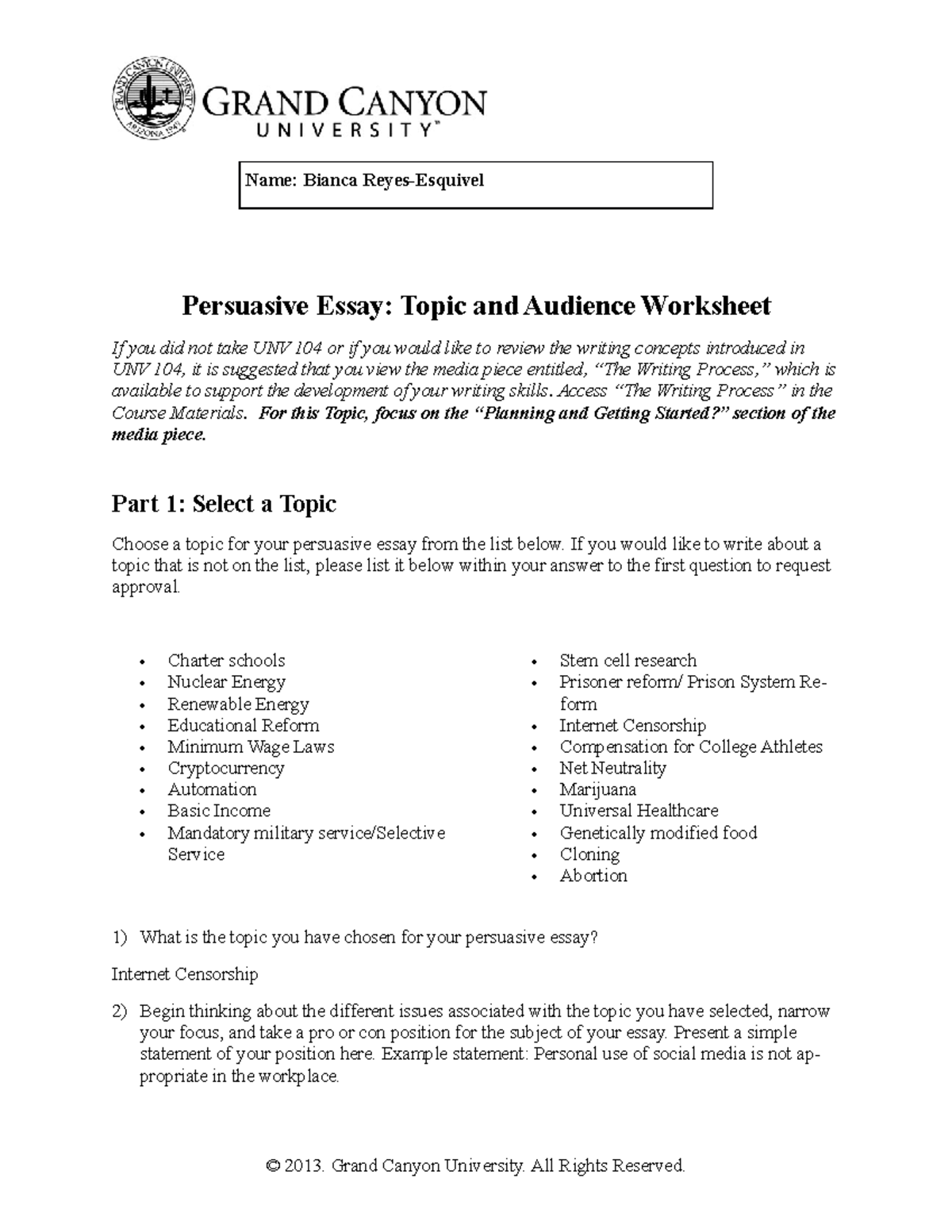 PHI105 T1 Persuasive Essay Topicand Audience Worksheet - Name: Bianca ...