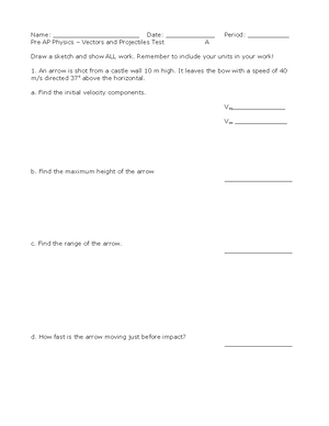 PAP Projectile Motion Problems - Pre AP Physics Projectile Motion Problems Unit 3b A bomber ...
