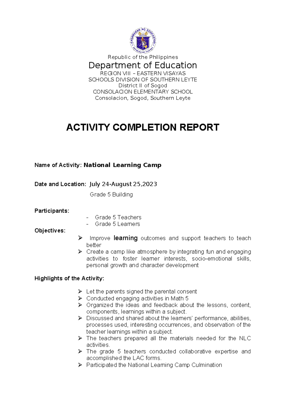 ACR NLC - Republic of the Philippines Department of Education REGION ...