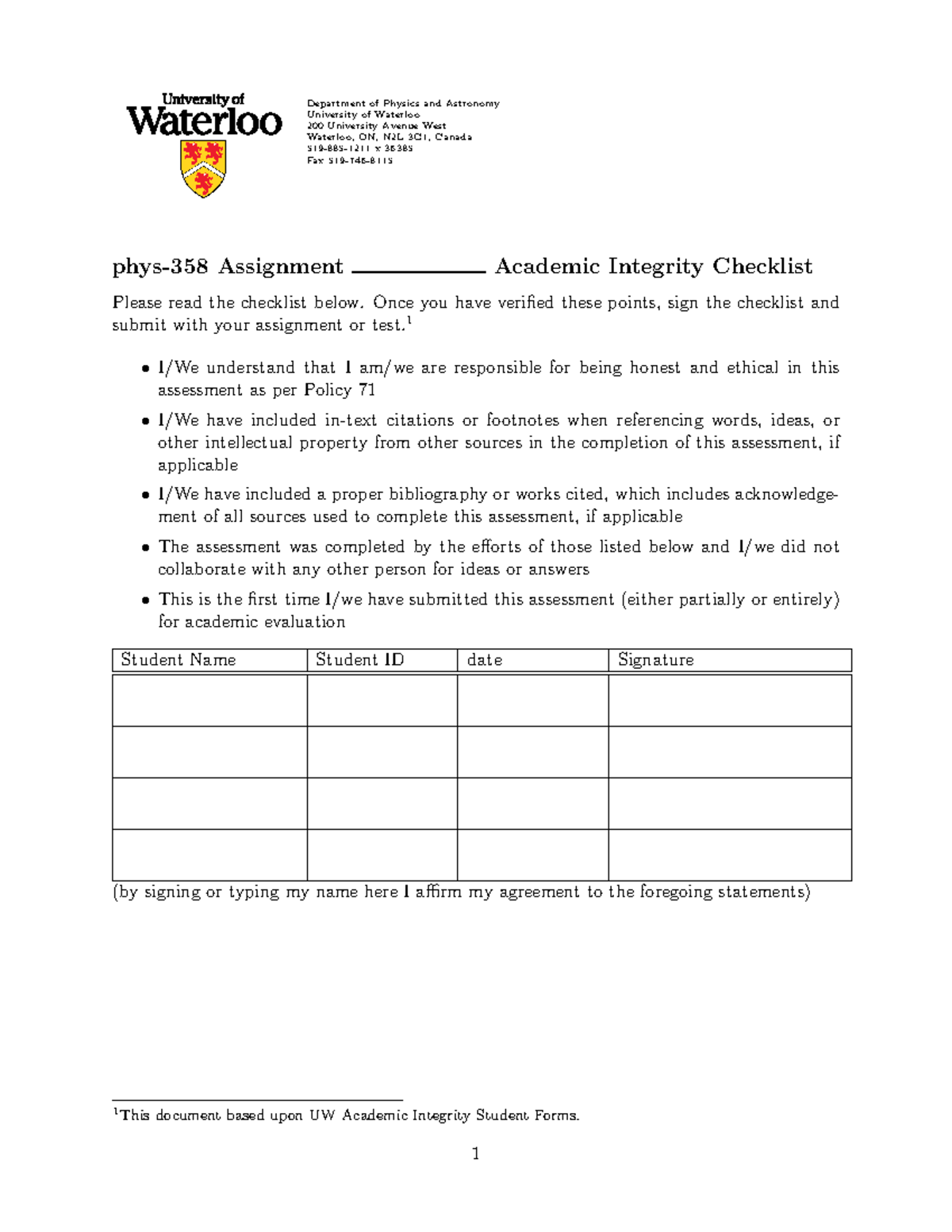 Integrity-phys358 - Integrity honesty pledge; Please read the checklist ...