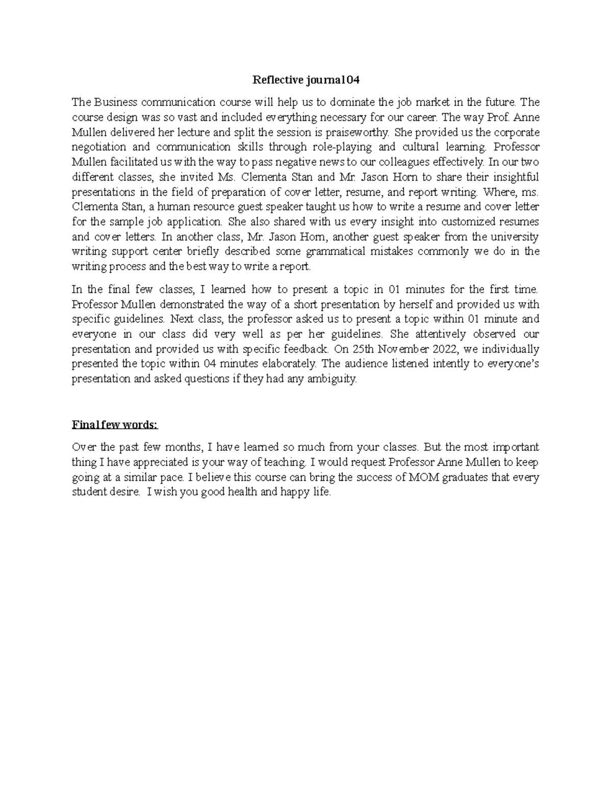 Reflective Journal 4 - Reflective journal 04 The Business communication ...