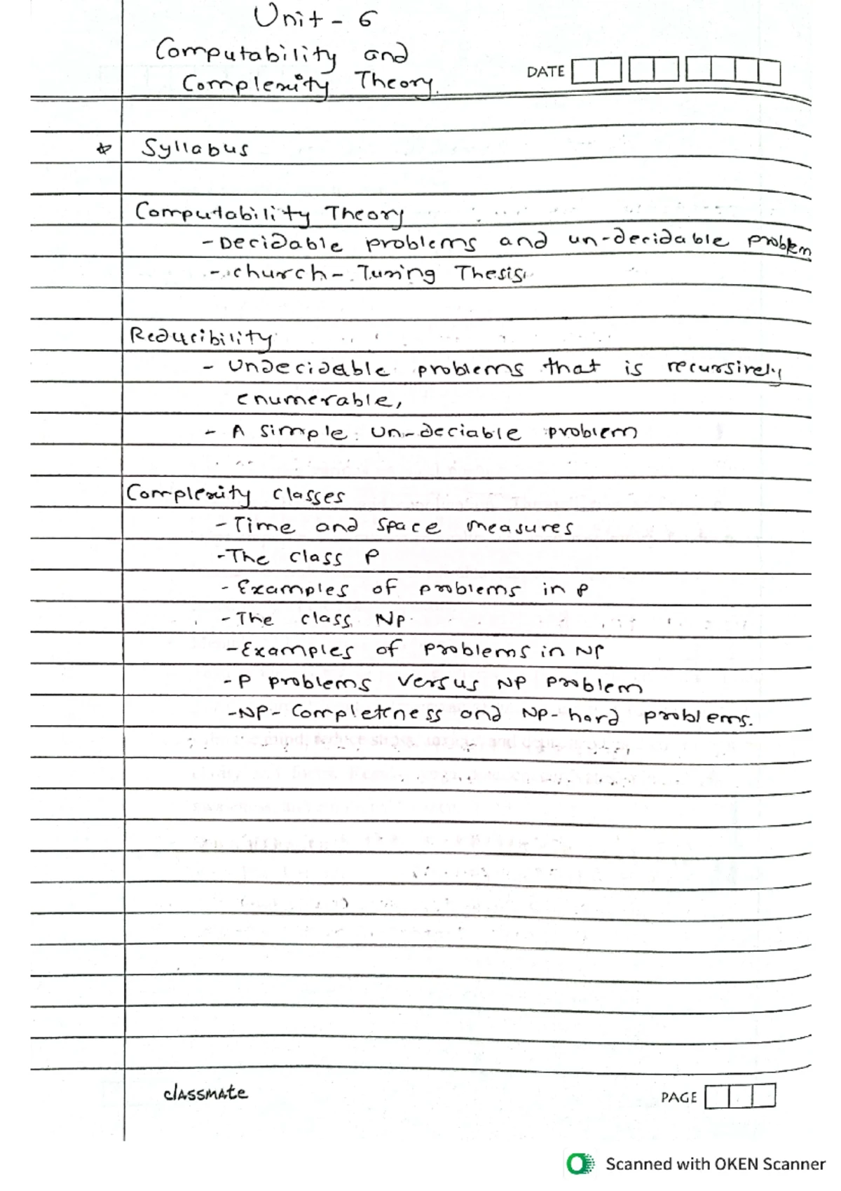 Unit-5 Handwritten Notes - Unit 5 Turing DATE Syllabus Turing machine ...
