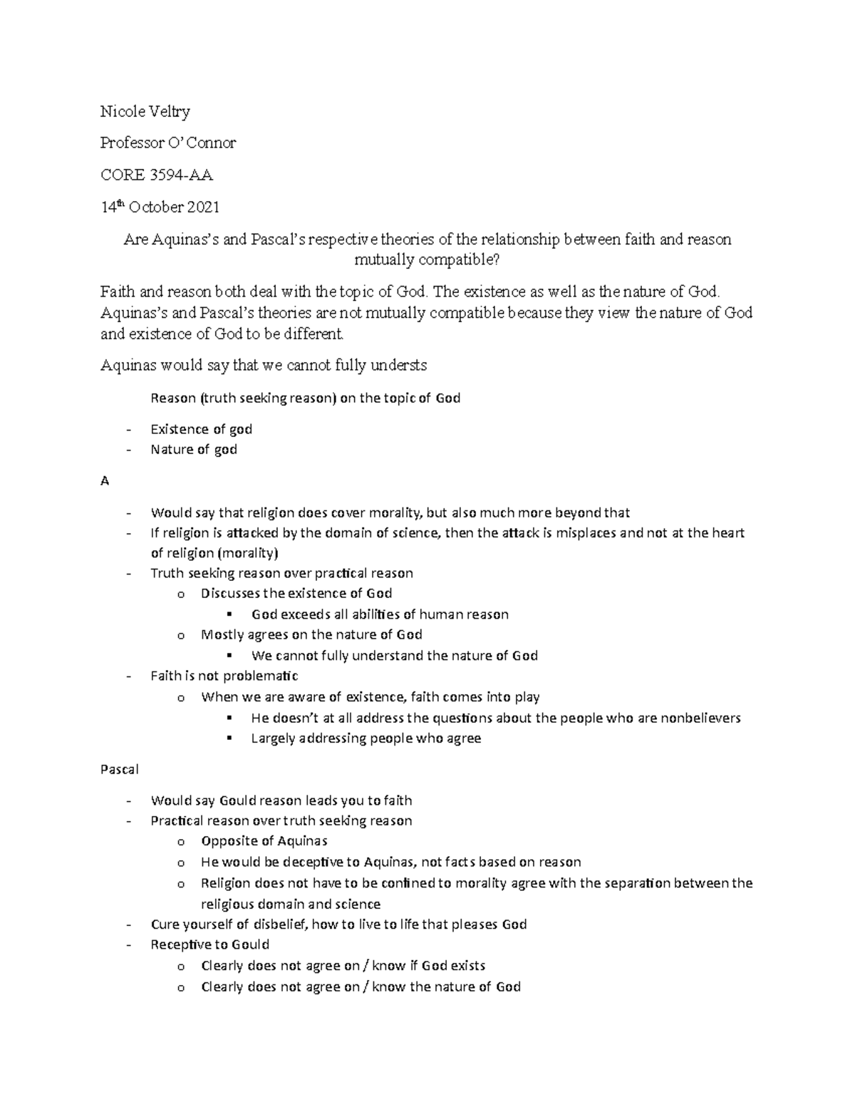 Faith and Reason Exam 1 Paper - Nicole Veltry Professor O’Connor CORE ...