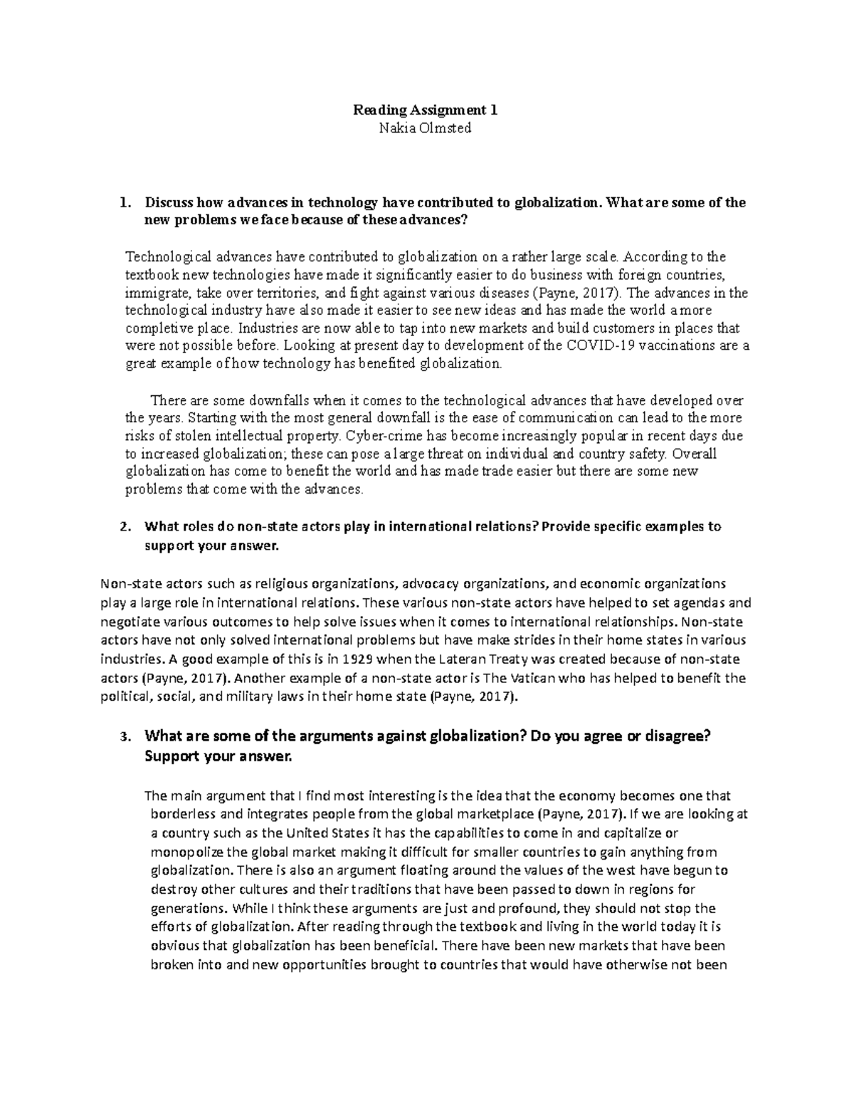 Reading Assignment 1 - Discuss how advances in technology have contributed to globalization ...