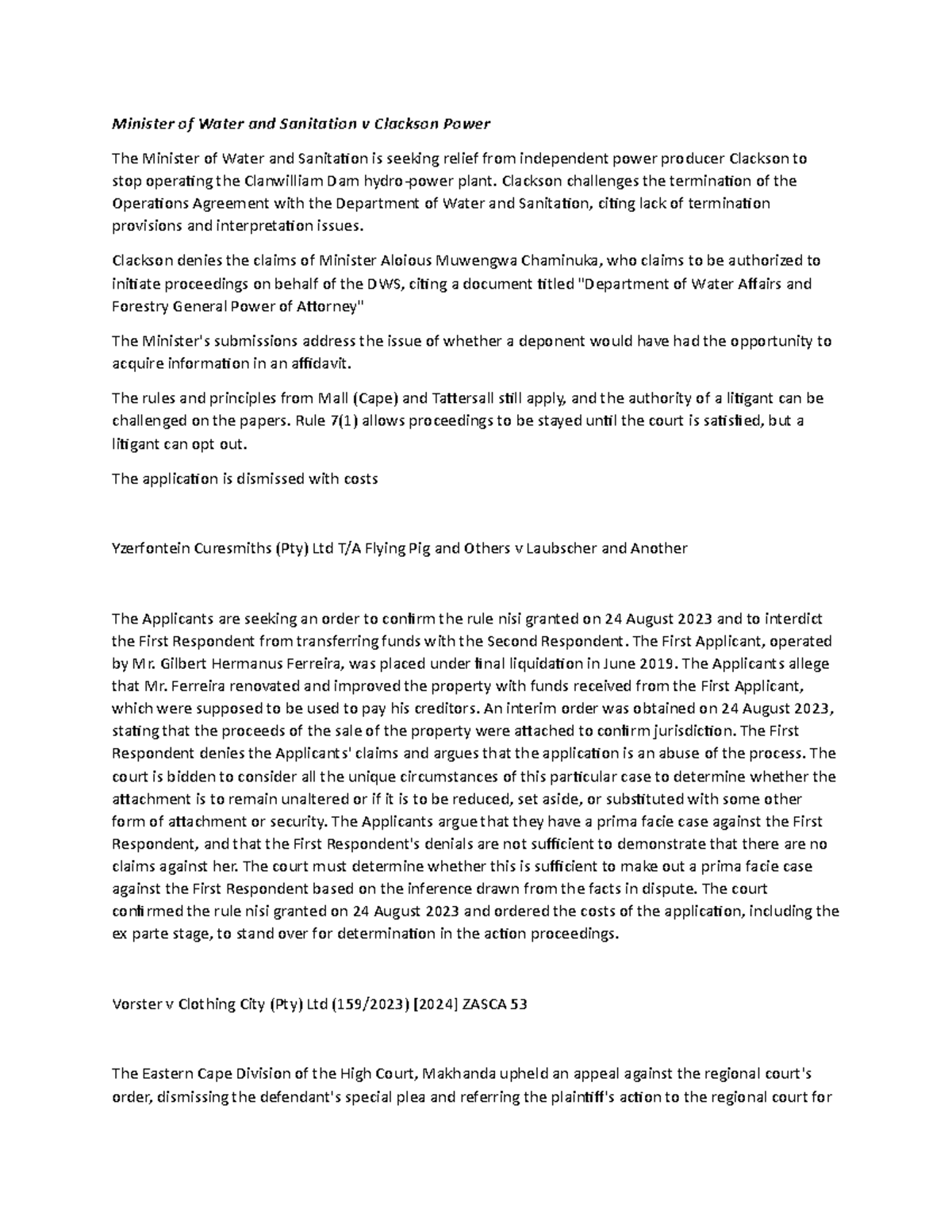 Minister of Water and Sanitation v Clackson Power - Clackson challenges ...