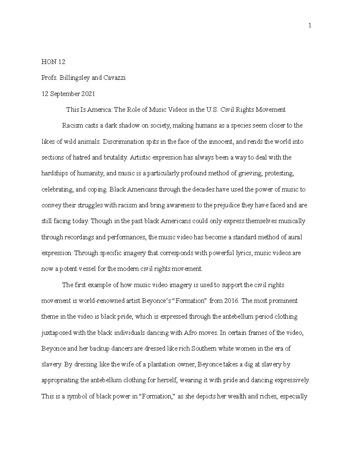 2021 HON 12 The Role of Music in the US Civil Rights Movement Essay - 1 ...