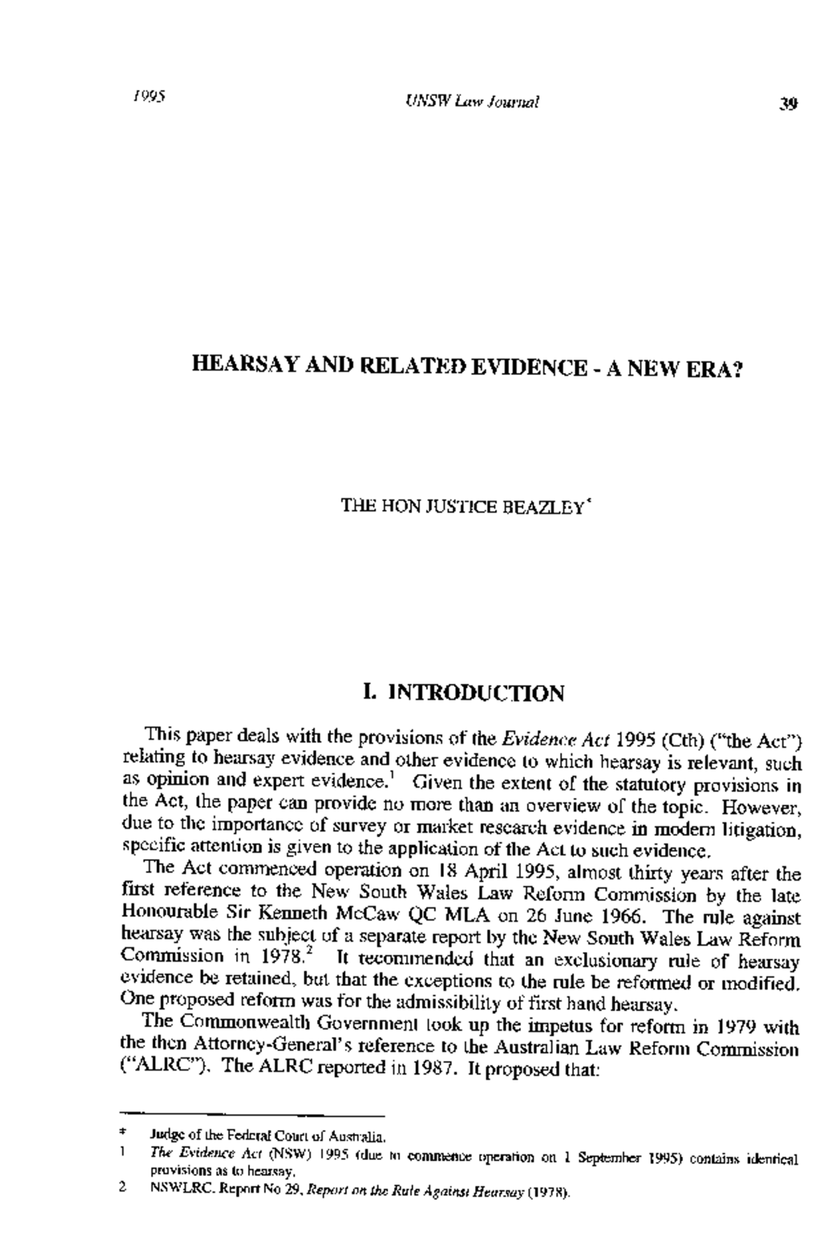 Hearsay Article -UNSW Journal - 1995 UNSW Law Journal 39 HEARSAY AND ...