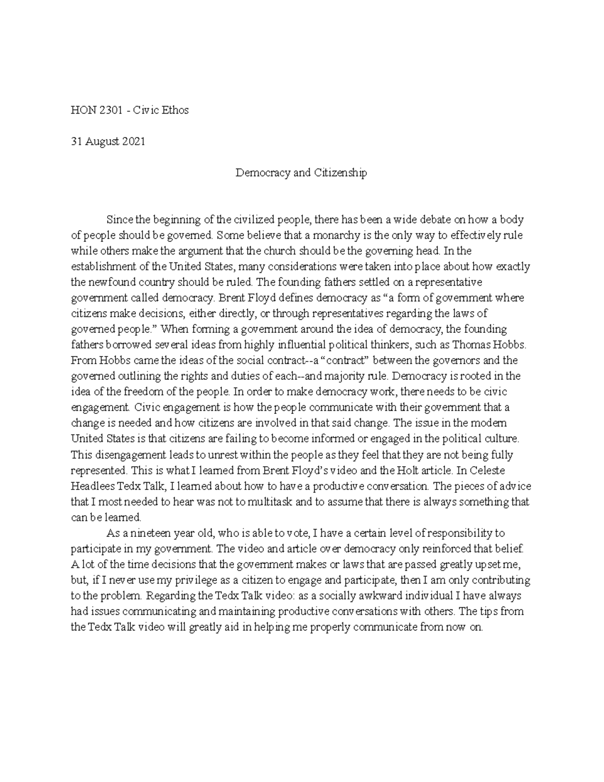 Week 2 - assignment - HON 2301 - Civic Ethos 31 August 2021 Democracy ...