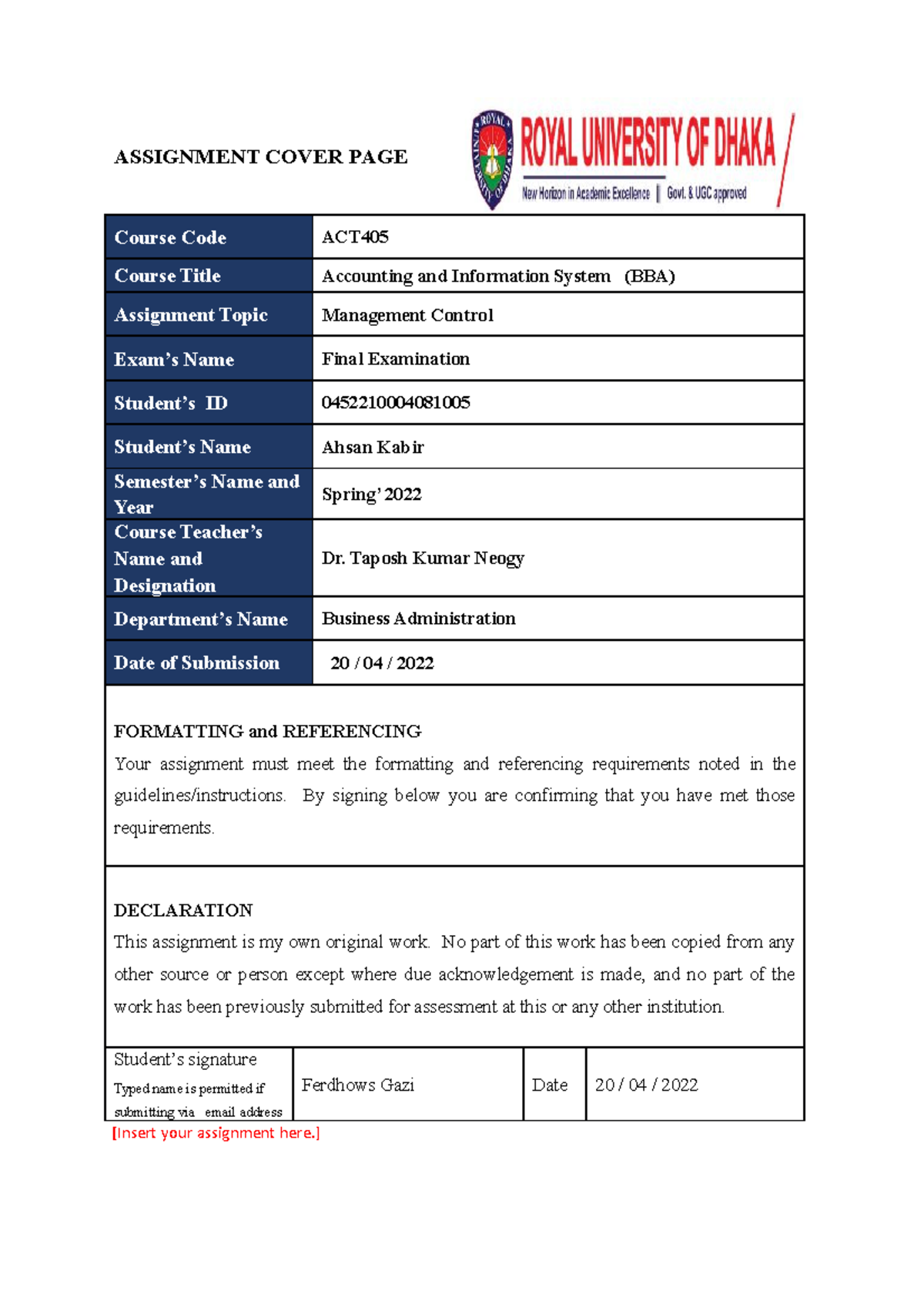 ACT405 - ASSIGNMENT COVER PAGE Course Code ACT Course Title Accounting ...