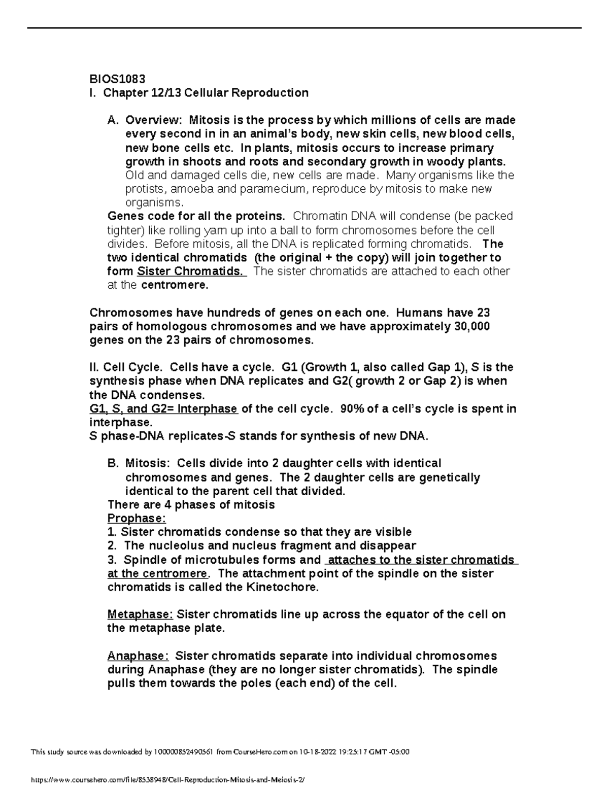 Cell Reproduction Mitosis and Meiosis 2 - BIOS I. Chapter 12/13 ...