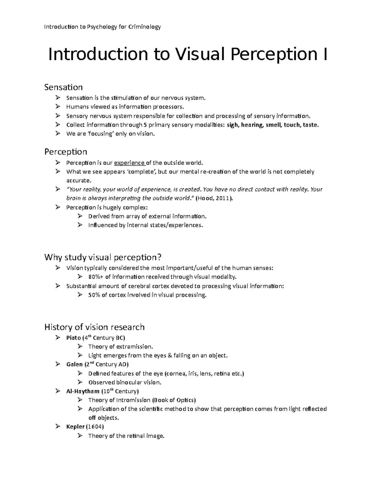 Introduction to Visual Perception I - Humans viewed as information ...