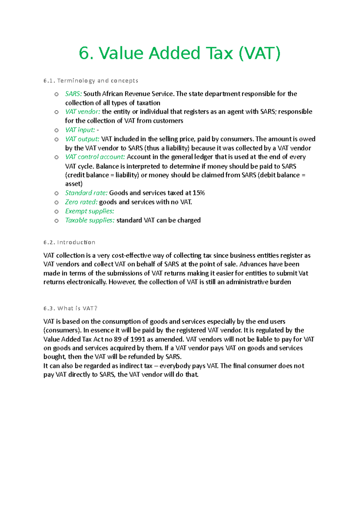 Chapter 6 - 6. Value Added Tax (VAT) 6. Terminology and concepts o SARS ...