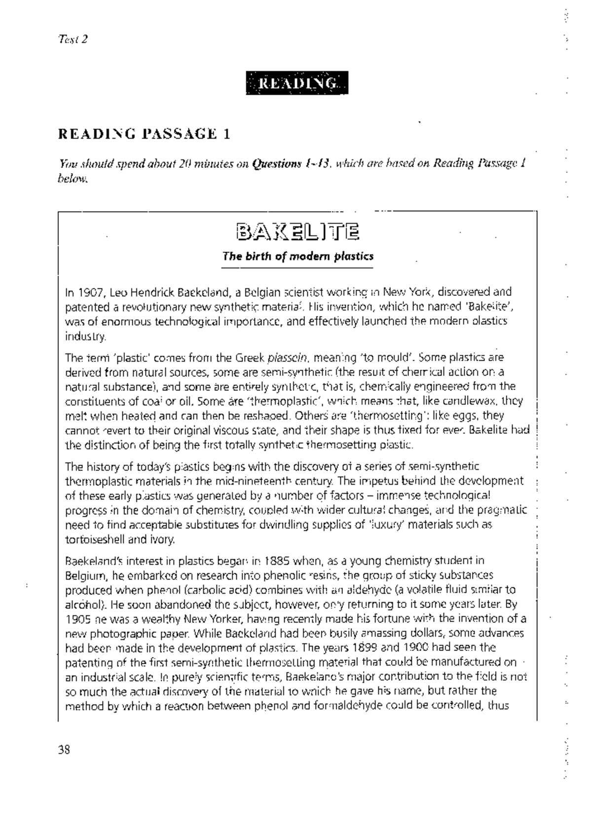 Bakelite - Ielts 5 - ..... - Test 2 READING READING PASSAGE 1 You ...