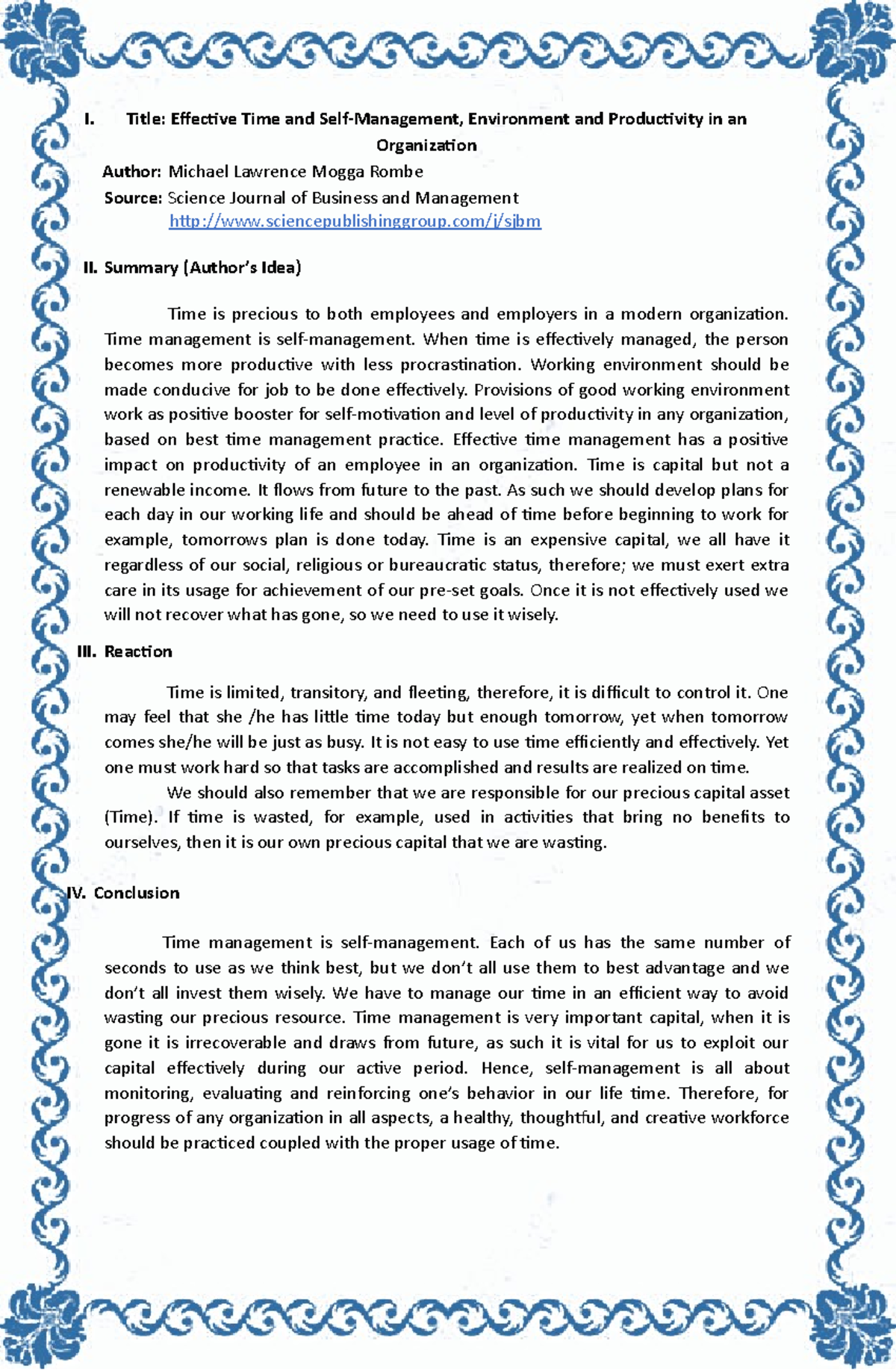 Group dynamics reaction paper - I. Title: Effective Time and Self ...
