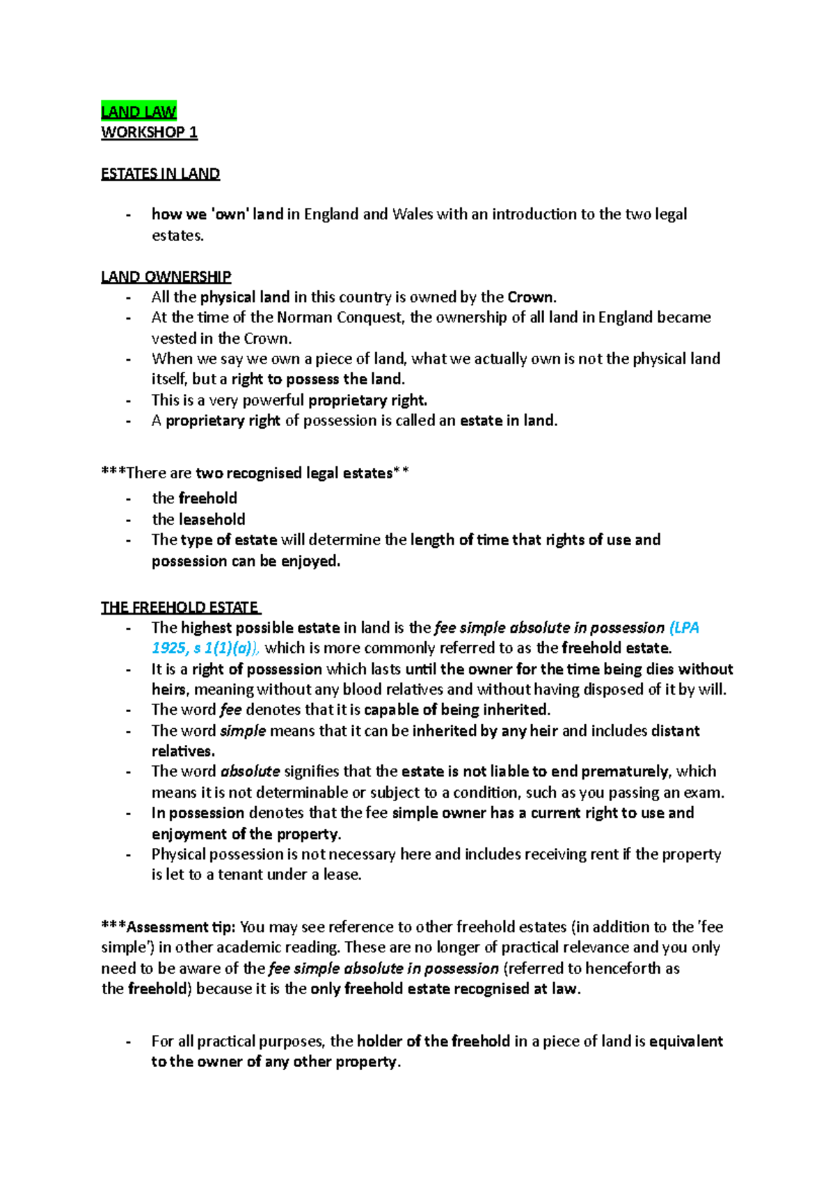 Estates IN LAND - Estate in Land - LAND LAW WORKSHOP 1 ESTATES IN LAND ...