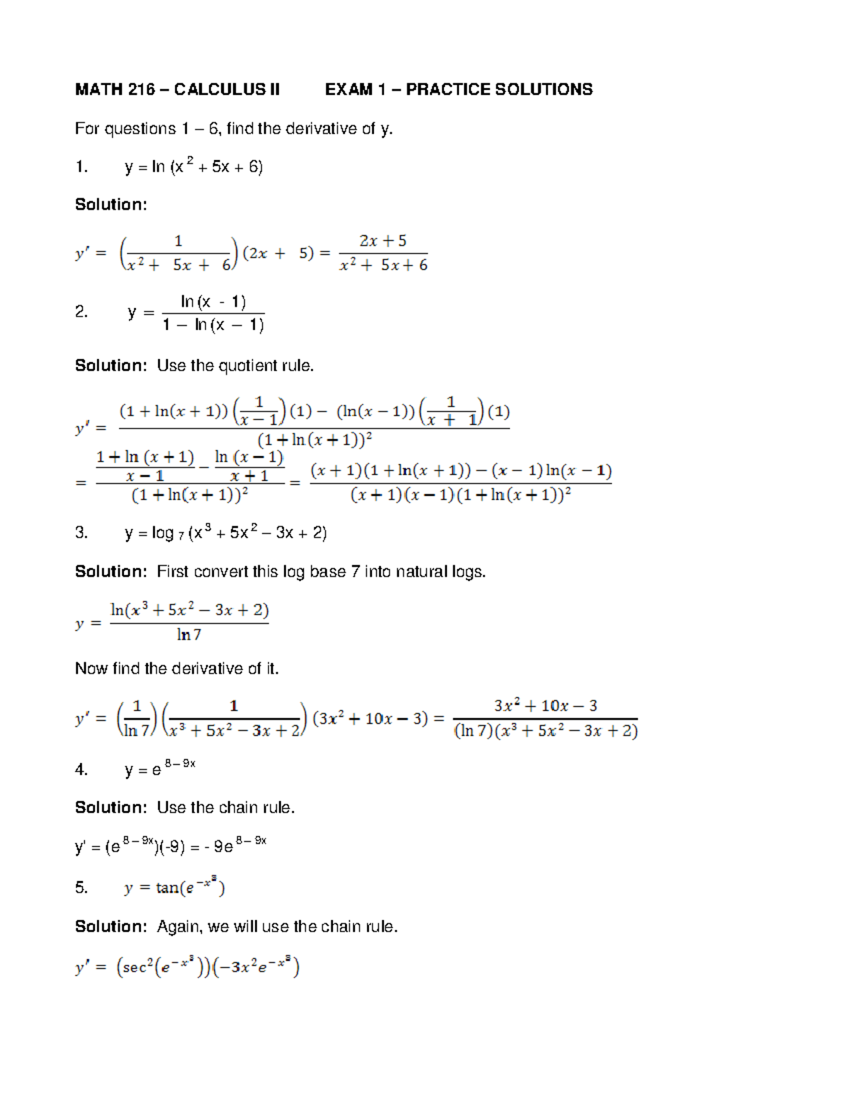 Math 210 exam 7 practice exam solutions - MATH 216 – CALCULUS II EXAM 1 ...