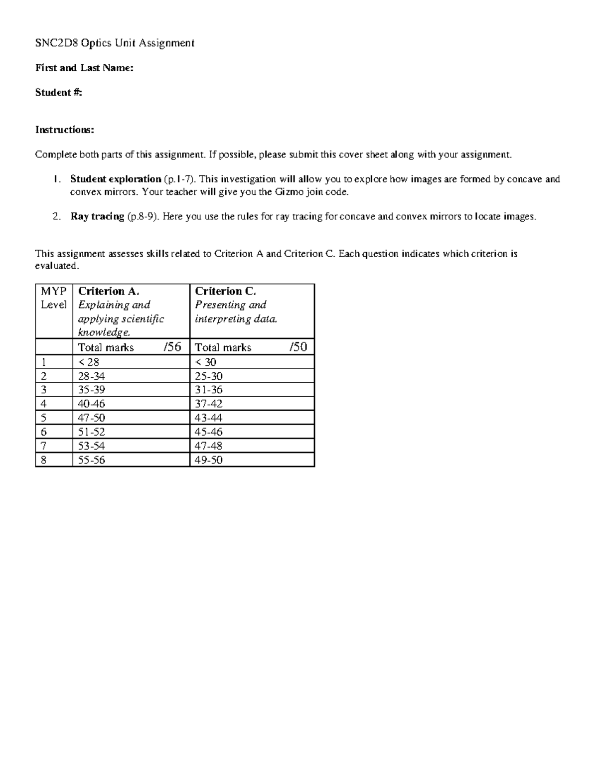 Revised Optics Assignment Mirrors For the students of physics - SNC2D8 Optics Unit Assignment ...